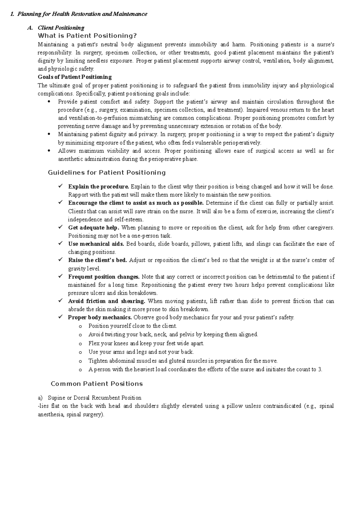 Planning for Health Restoration and Maintenance - Client Positioning ...