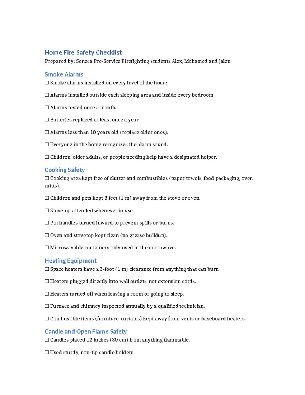 Home Fire Safety Checklist for Seneca Firefighting Students - Studocu
