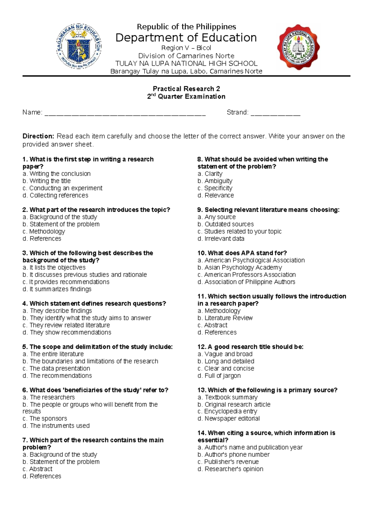 PR2 2nd Quarter Exam: Practical Research 2 Questionnaire - Studocu