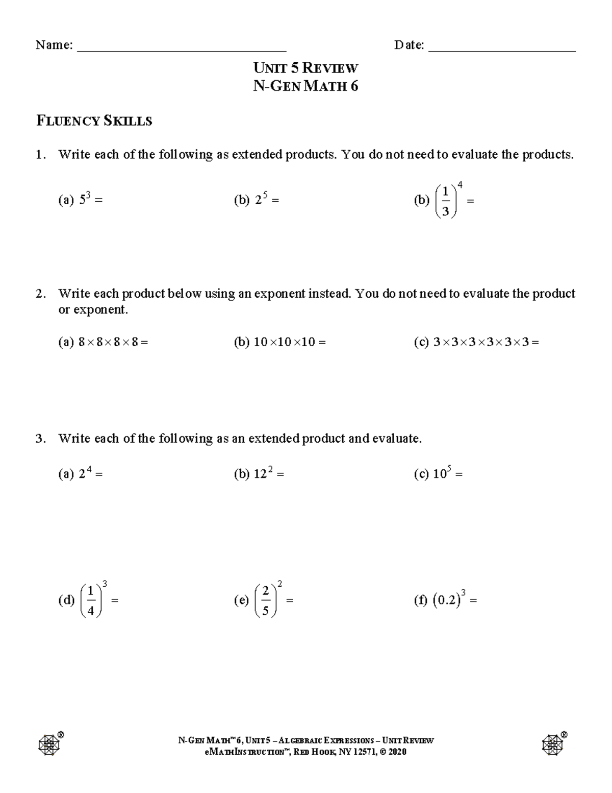 N-GEN MATH 6 Unit 5 Algebraic Expressions Unit Review Guide - Studocu