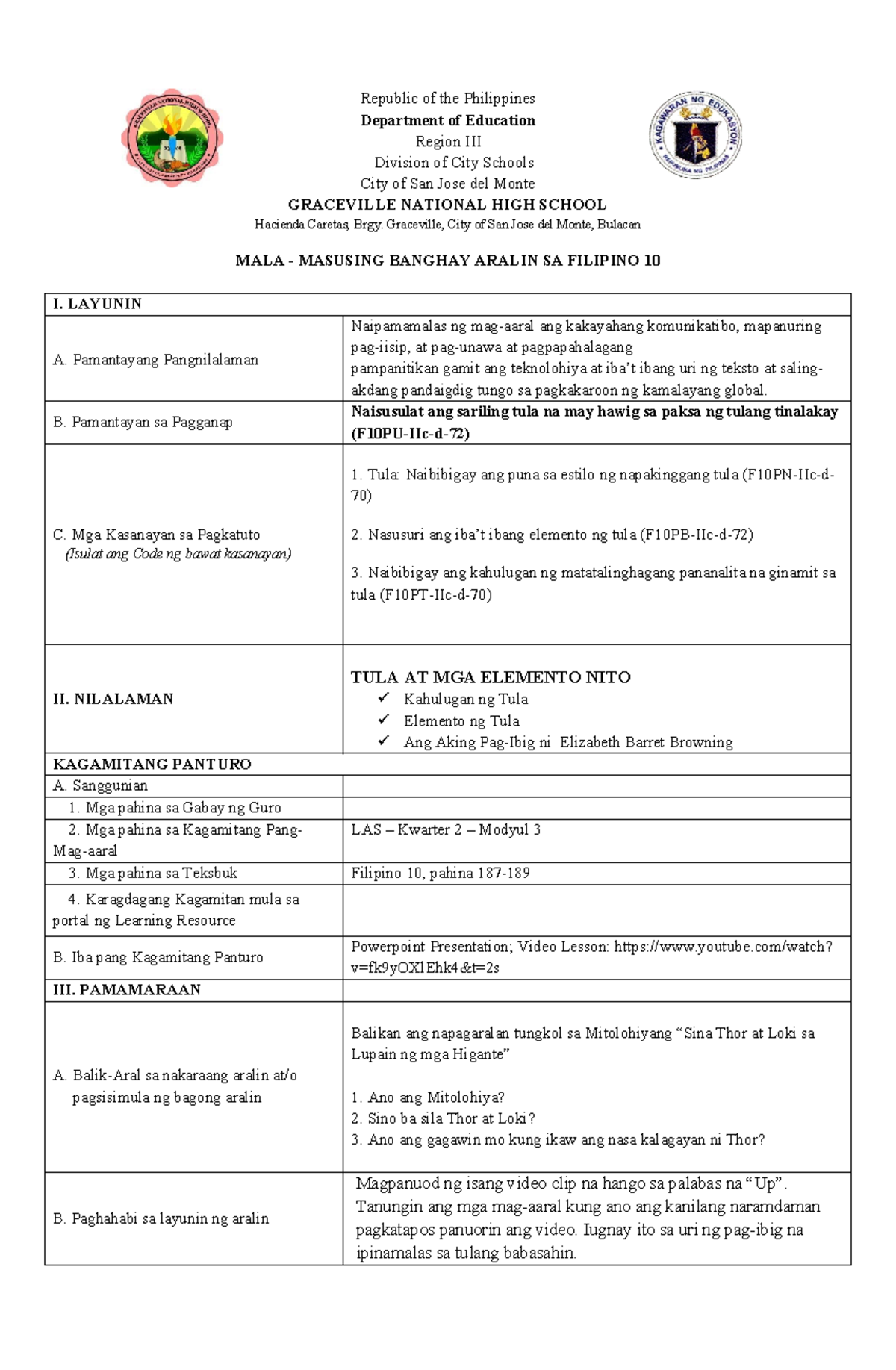 Lesson Plan in Filipino 10 - Tula at Elemento ng "Ang Aking Pag-ibig ...