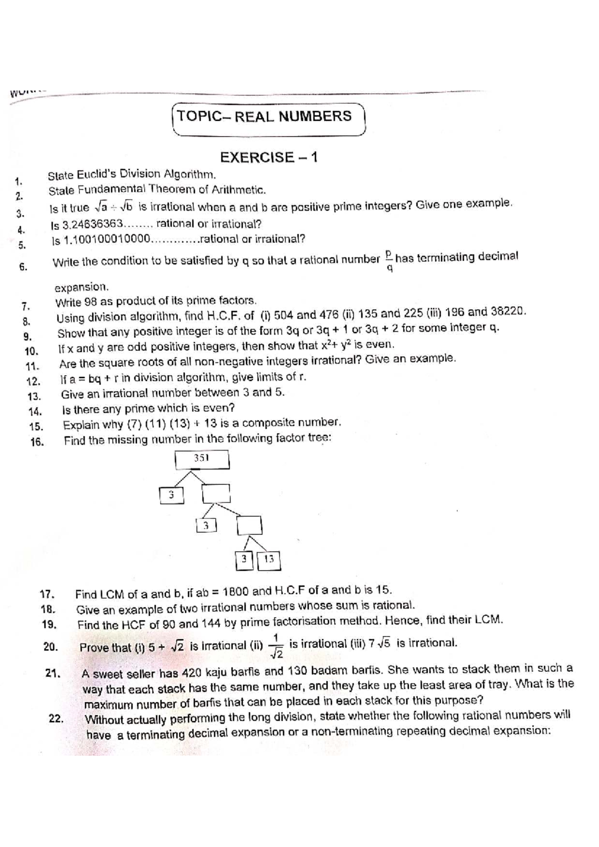 REAL NUMBERS EXERCISE 1: Division Algorithm & Rationality Concepts ...
