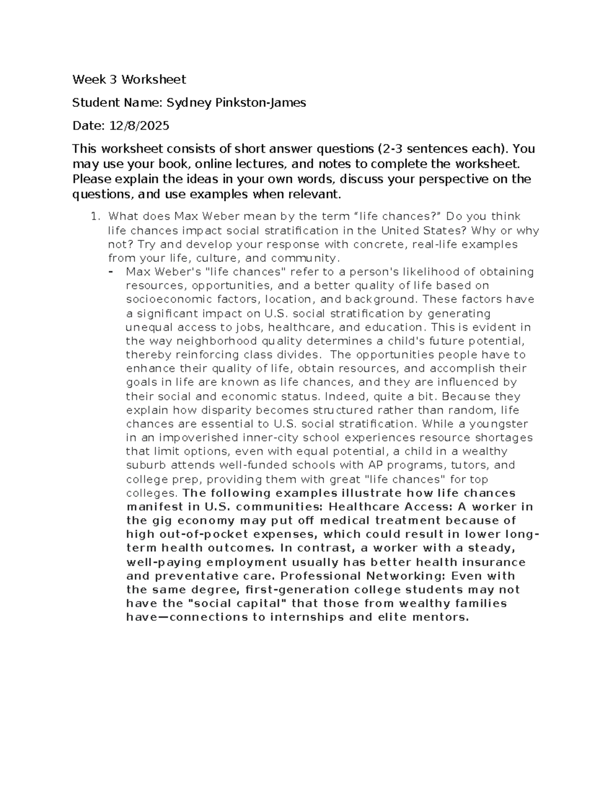SOC1001 W3 Worksheet: Life Chances & Social Stratification Analysis ...