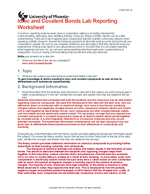 Chm150 v5 wk4 lab journal - CHM/1 50 v 5 Ionic and Covalent Bonds Lab ...
