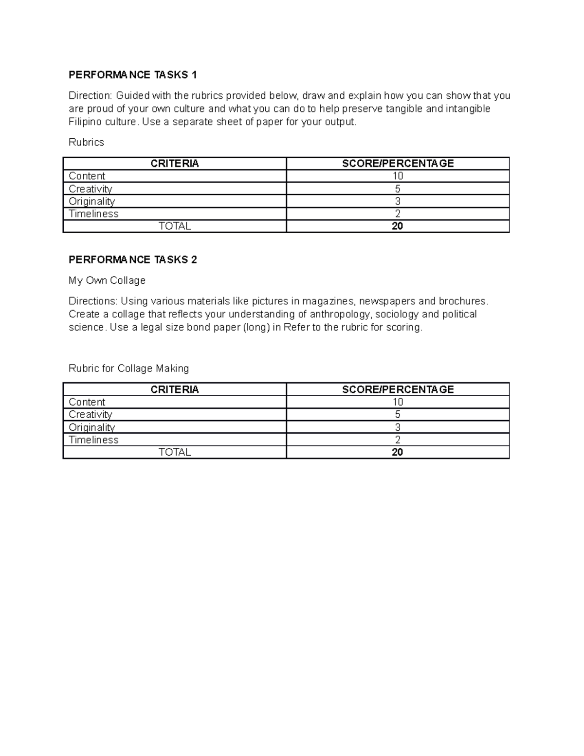Performance-tasks-UCSP - PERFORMANCE TASKS 1 Direction: Guided with the ...