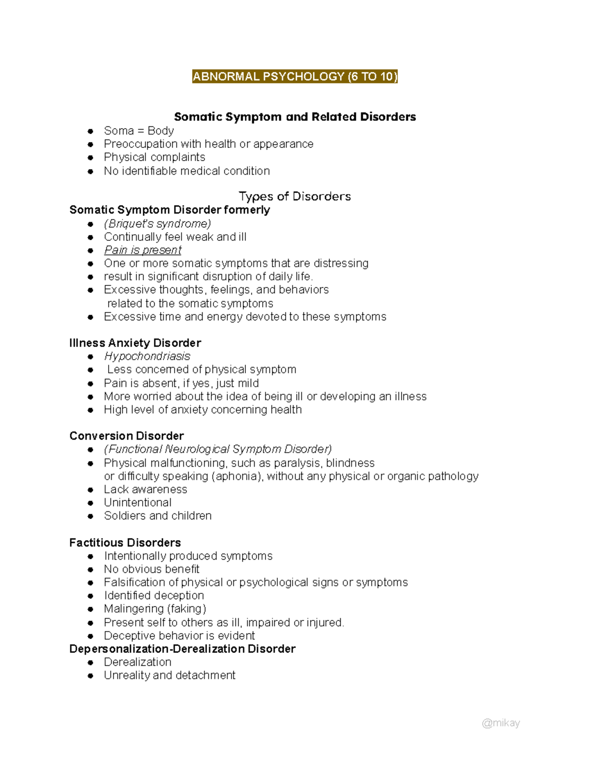Abnormal Psychology Midterm Review: Disorders and Treatments - Studocu