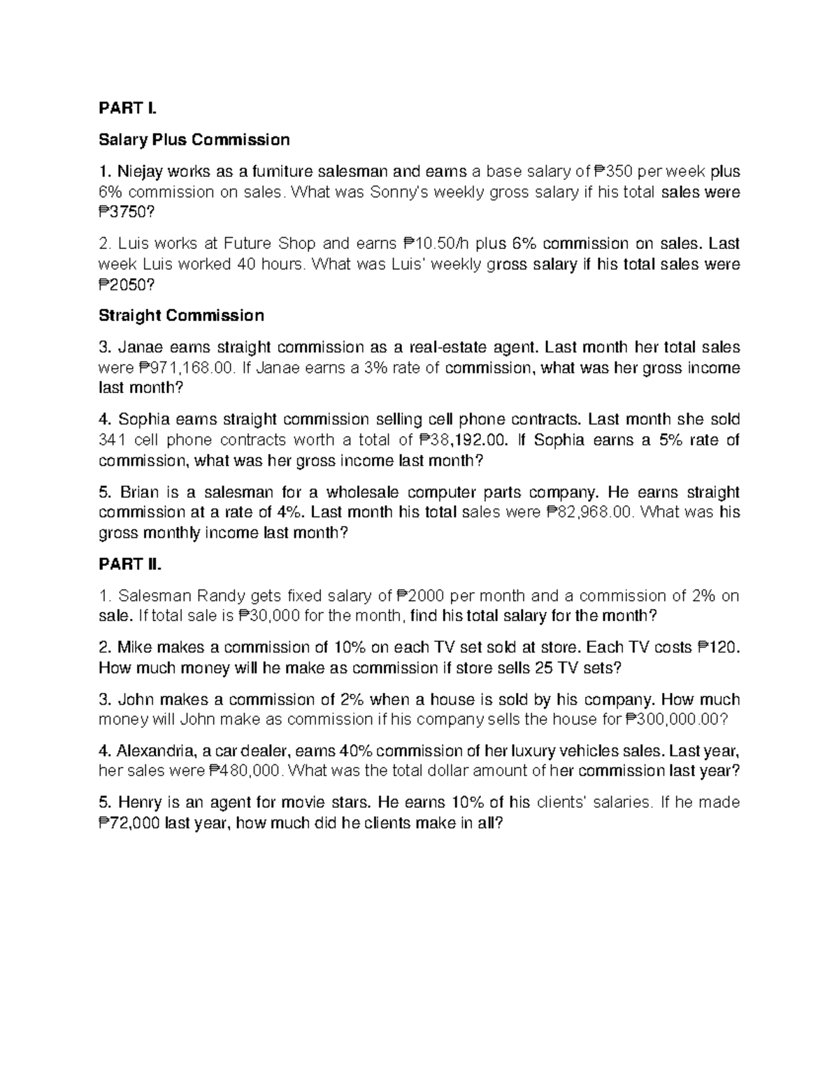 Commission Problem Set (Basic Level SHS) - PART I. Salary Plus ...