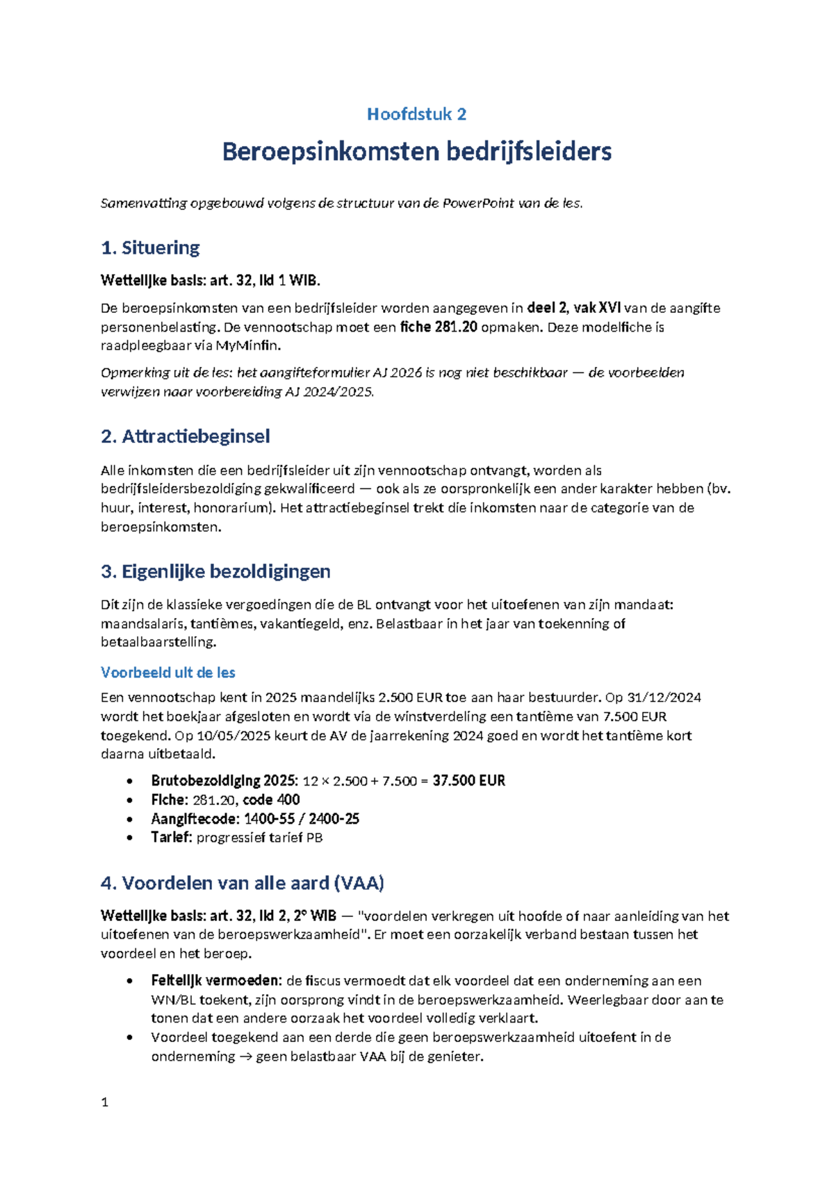 Samenvatting Hoofdstuk 2: Beroepsinkomsten Bedrijfsleiders (PPT) - Studocu