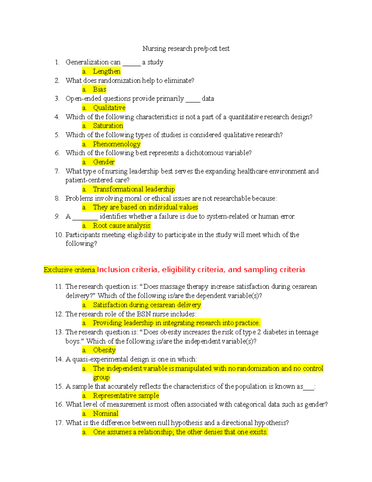 NR 100 PRE/POST TEST - Nursing Research Evaluation Questions - Studocu