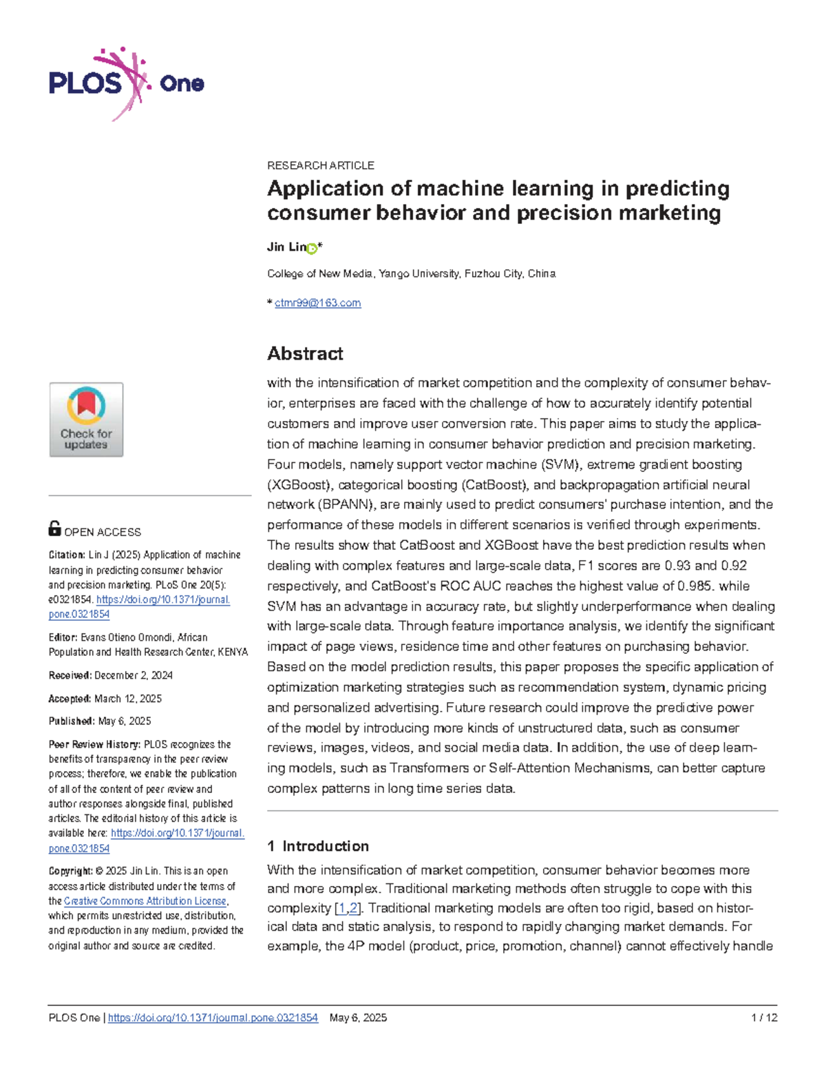 Machine Learning Applications in Consumer Behavior Prediction (PLOS One ...