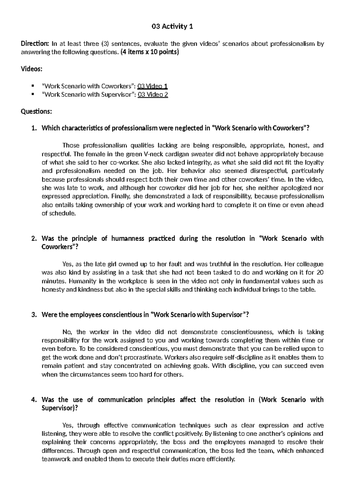 03 Activity 1: Evaluating Professionalism in Workplace Scenarios - Studocu