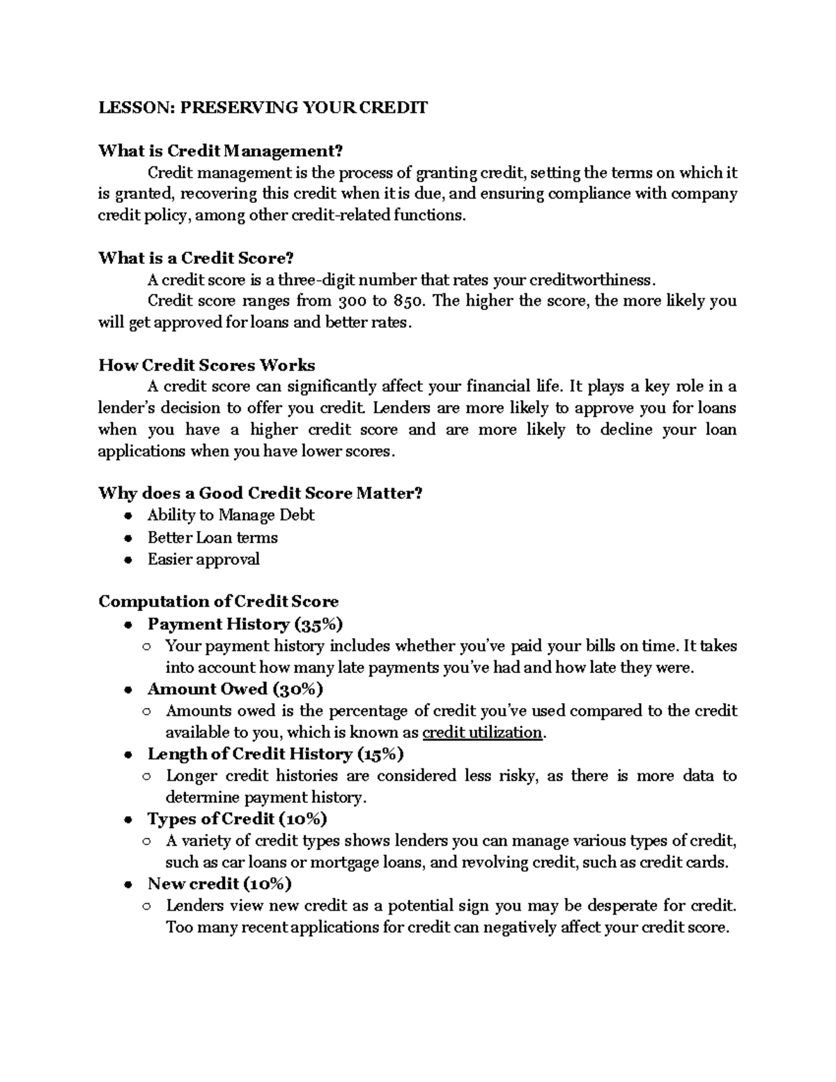 Lesson: Credit Management & Improvement Strategies - Studocu