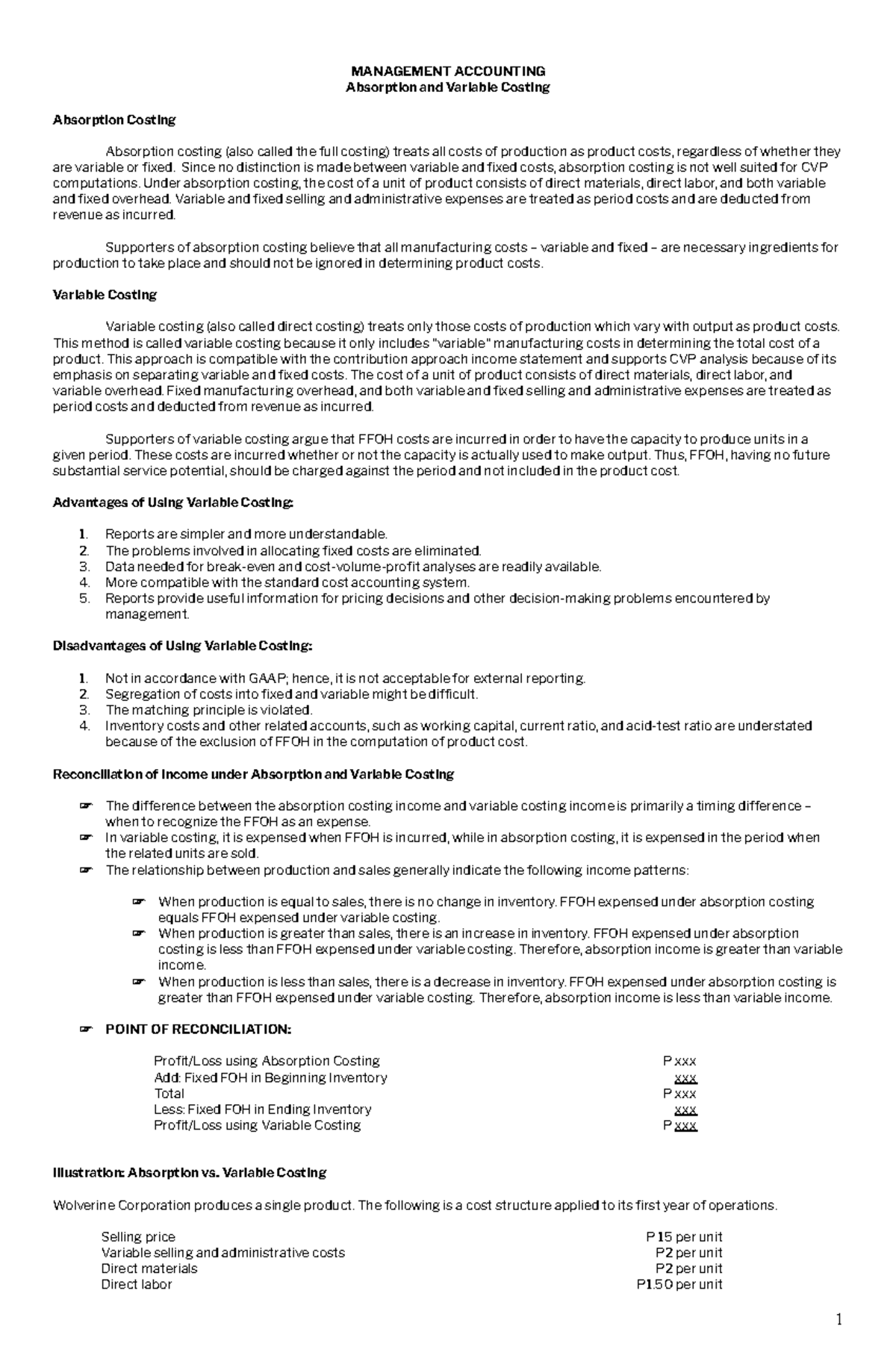 Lecture 4 - Comparing Absorption & Variable Costing Methods - Studocu