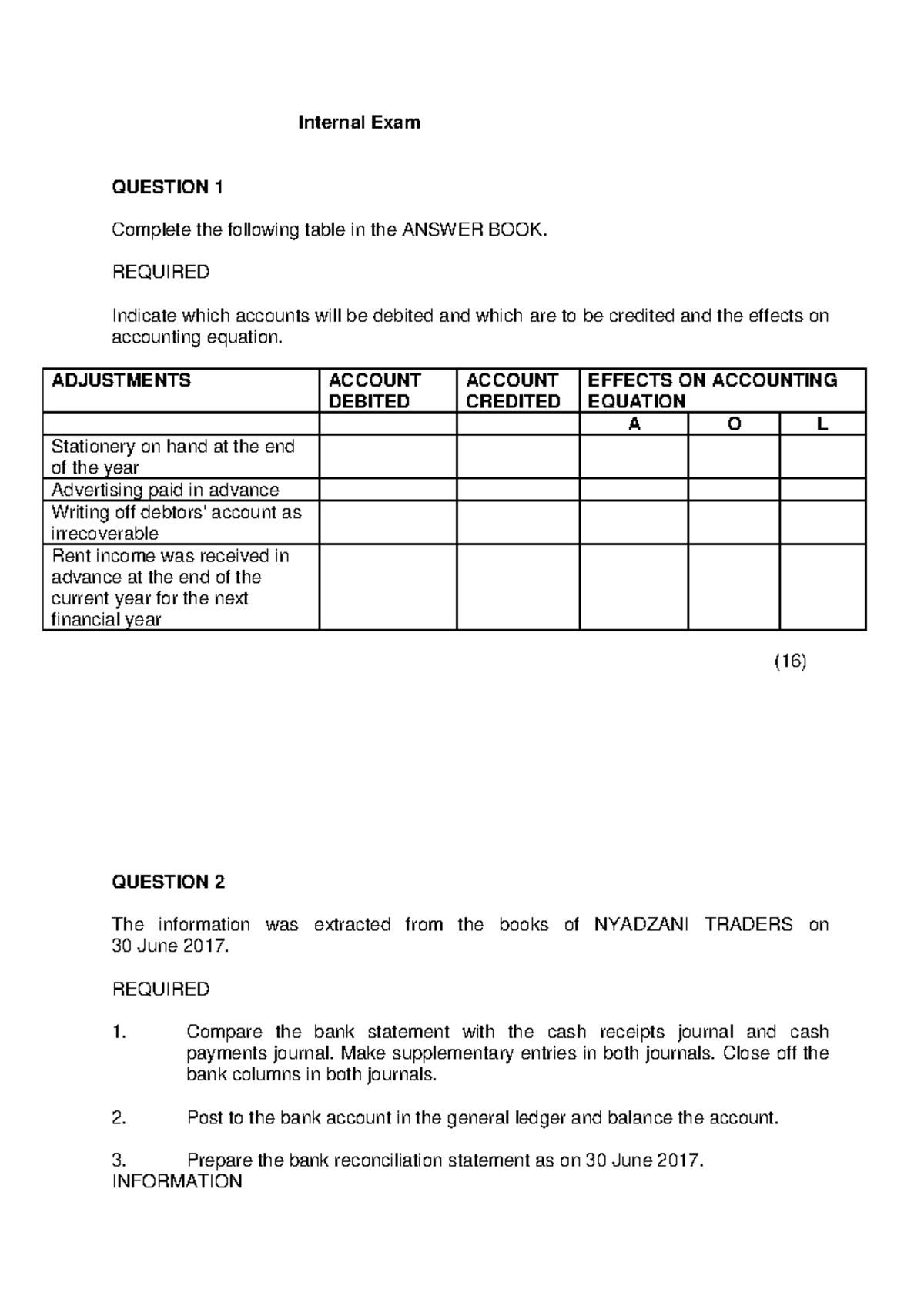Internal Exam - Accounting Quiz on Adjustments & Reconciliation - Studocu