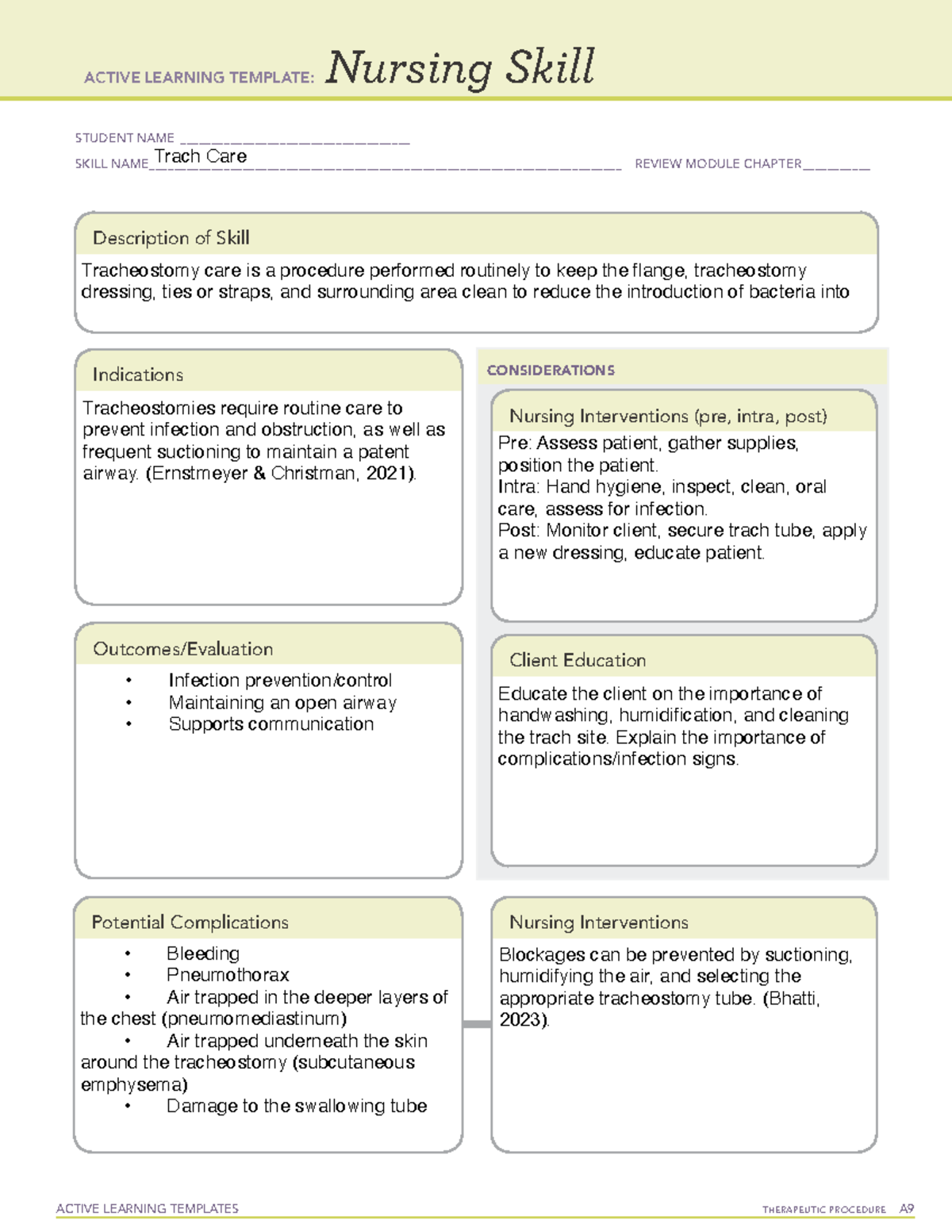 ACTIVE LEARNING TEMPLATE: Nursing Skill A9 Trach Care Review - Studocu