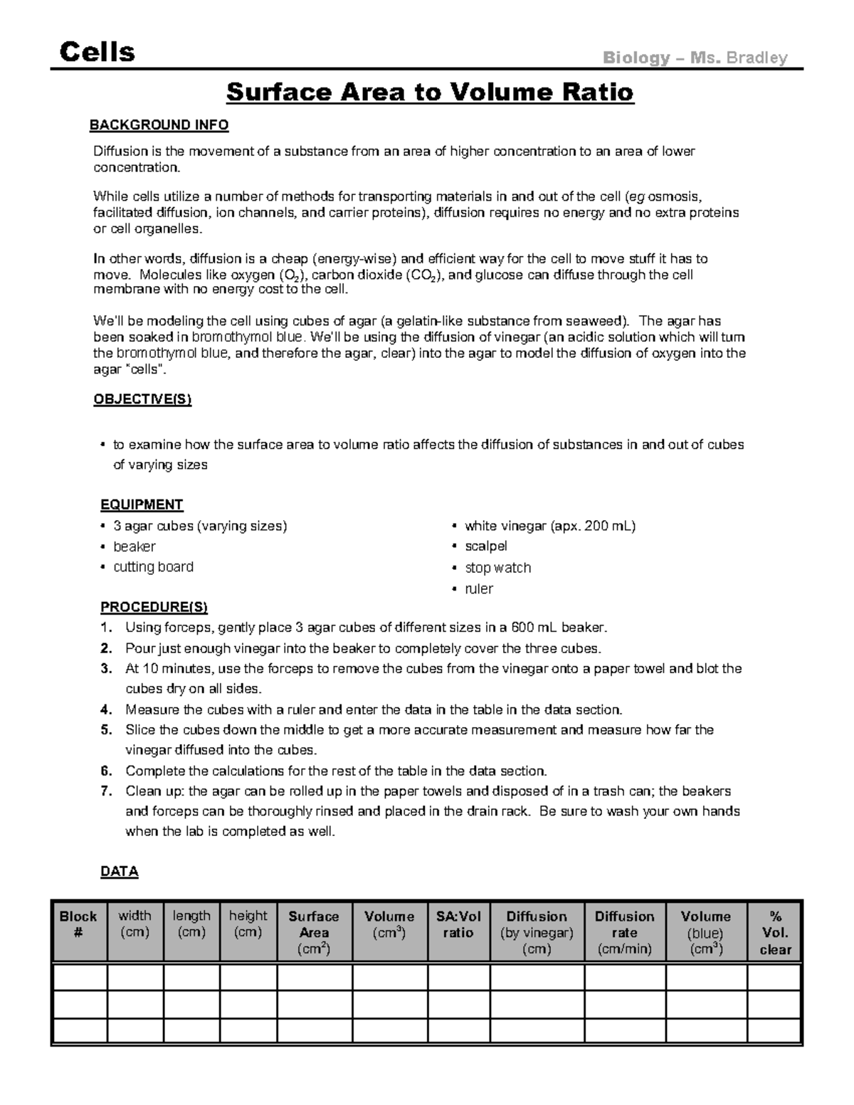 Lab - surface area - practise - Cells Biology – Ms. Bradley Surface Area to Volume Ratio ...