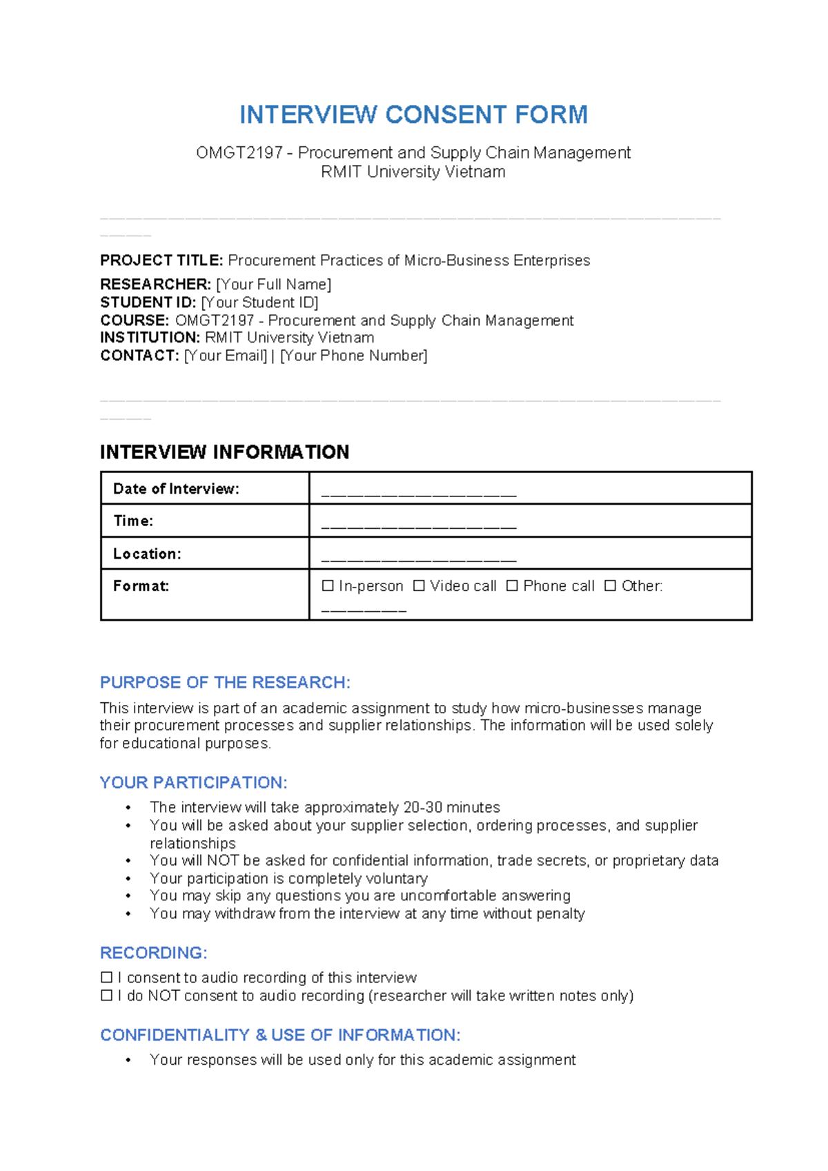 Interview Consent Form for OMGT2197: Procurement Practices Study - Studocu