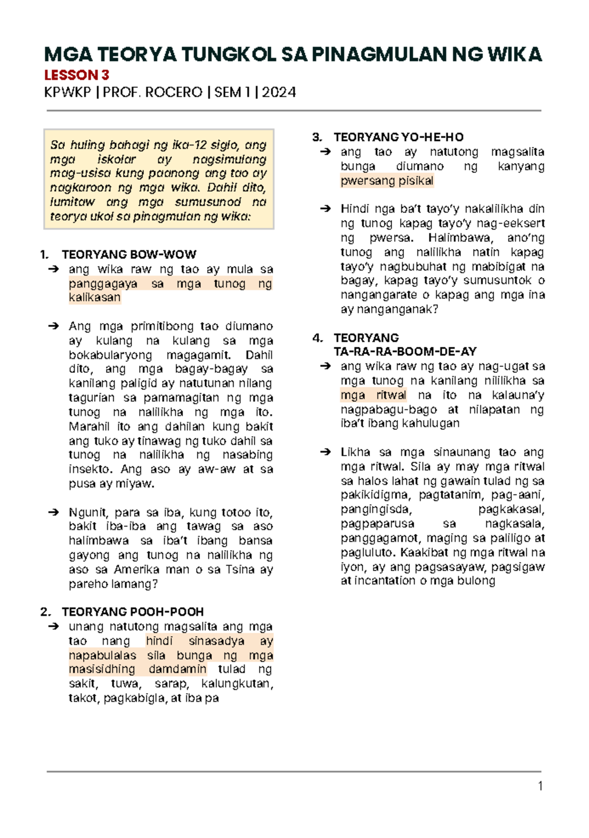 MGA TEORYA TUNGKOL SA PINAGMULAN NG WIKA | KPWKP | LESSON 3 - Studocu