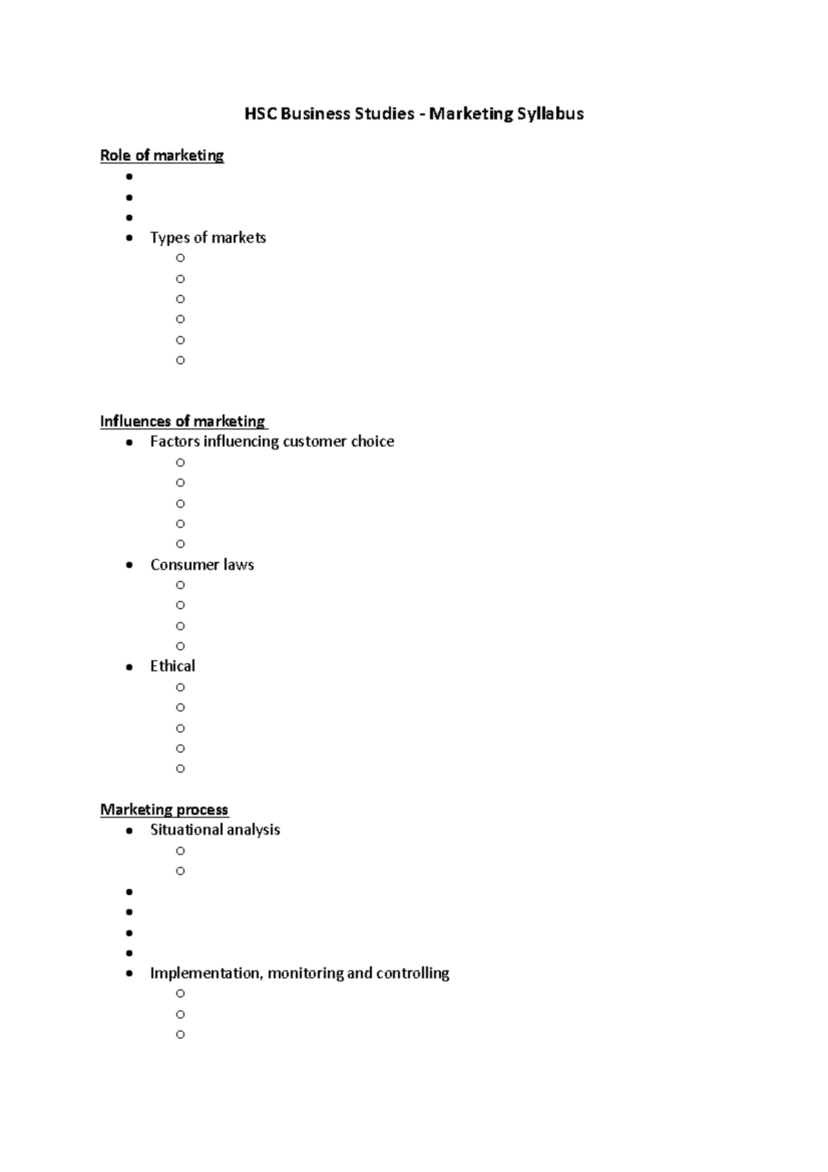 Marketing Syllabus Memorisation - HSC Business Studies - Marketing ...