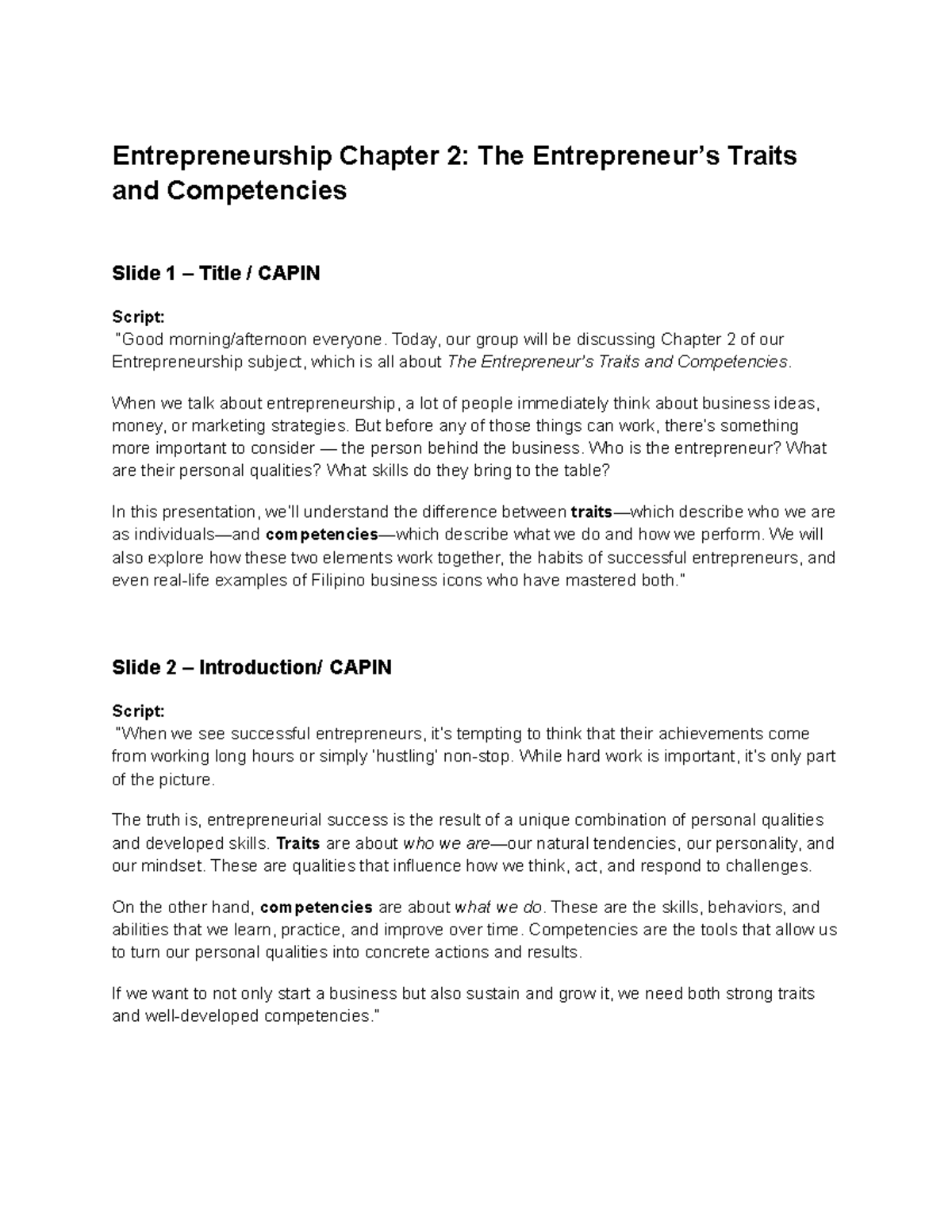 Entrepreneurship Chapter 2: Traits & Competencies Overview - Lecture ...