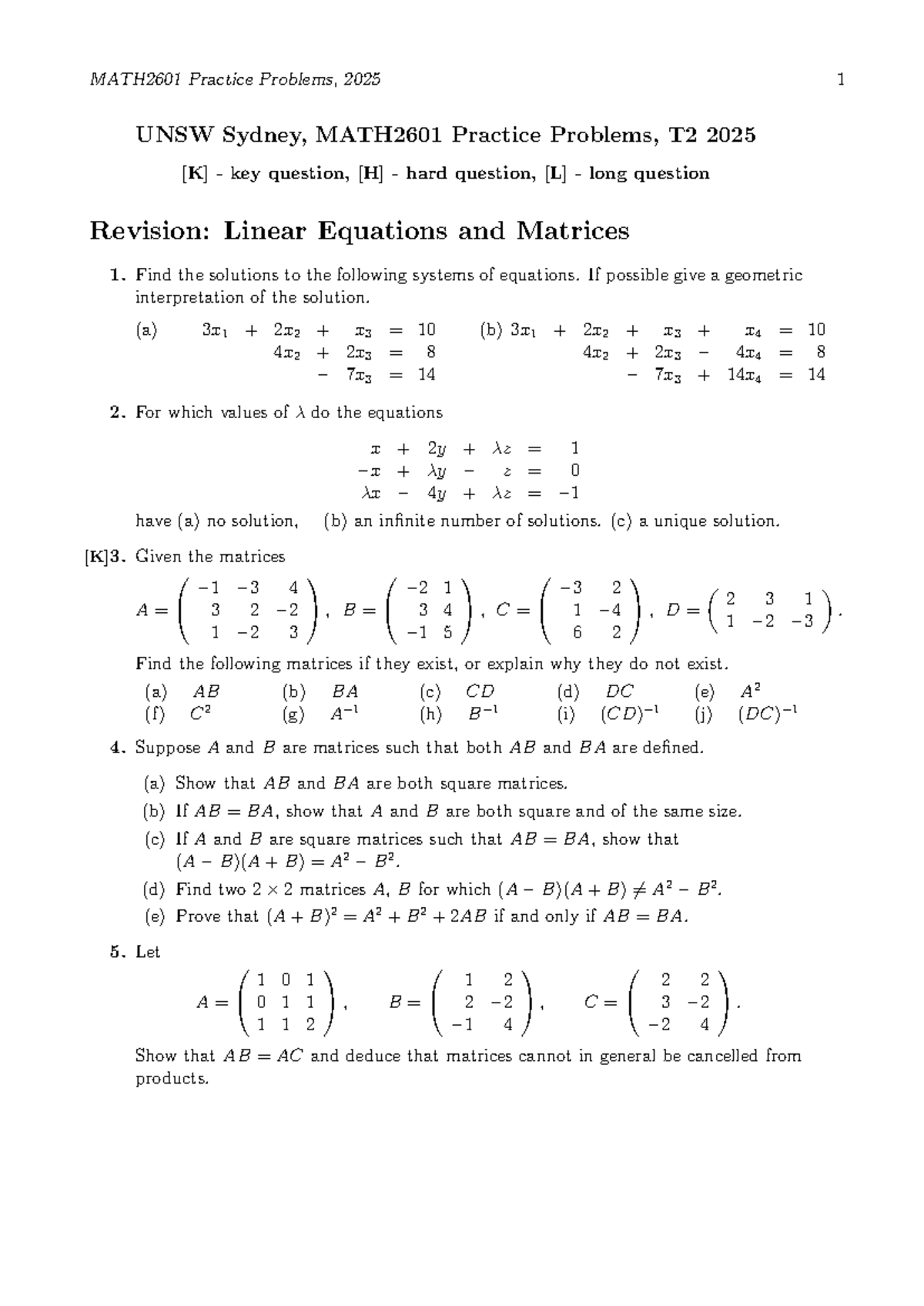 MATH2601 Practice Problems: Linear Equations & Matrices Revision, T2 ...