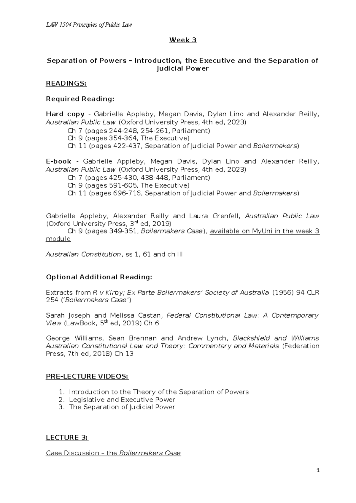 LAW 1504 Principles of Public Law Week 3: Separation of Powers & Boilermakers - Studocu