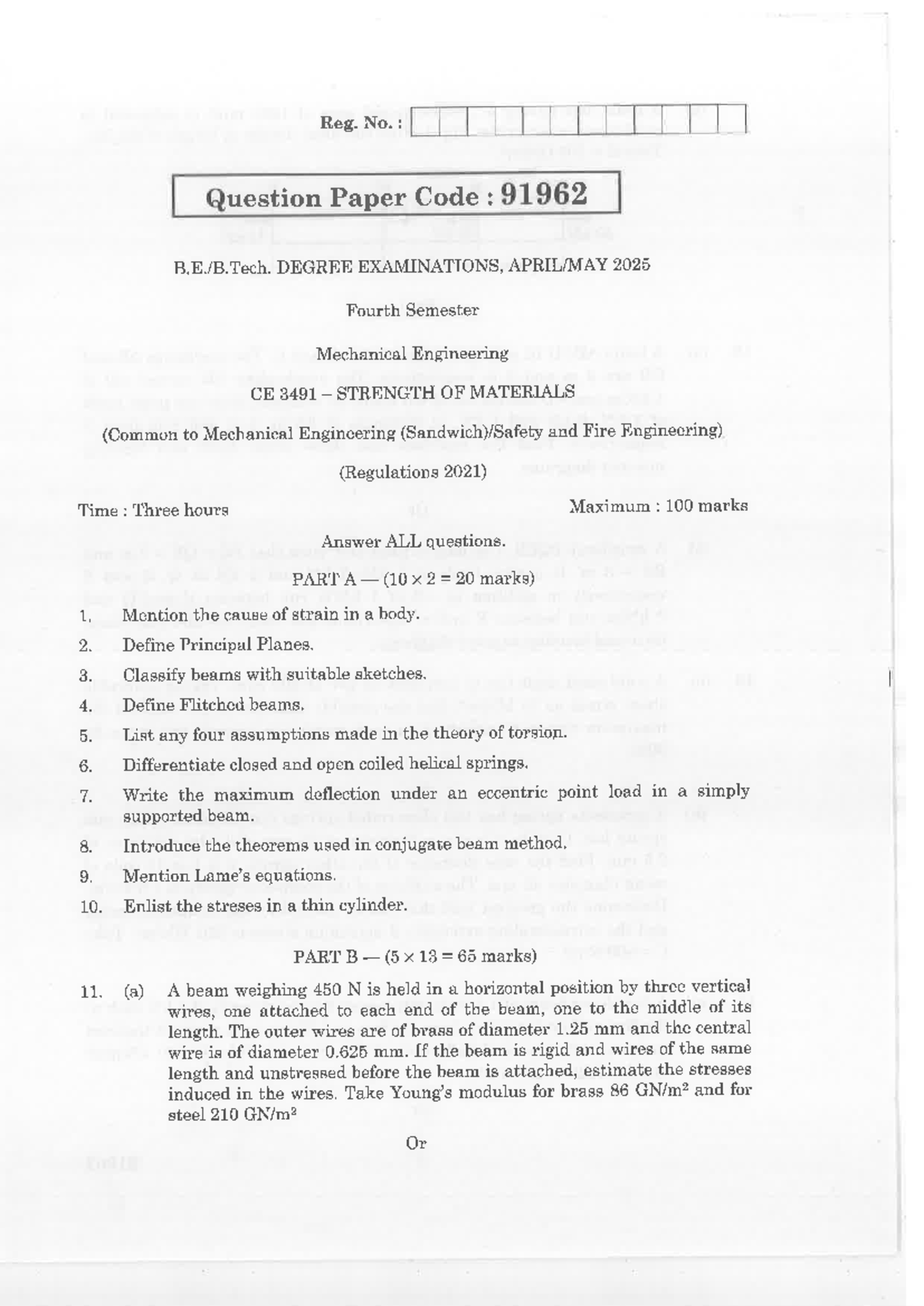 CE 3491 Strength of Materials - Previous Year Question Paper - Studocu