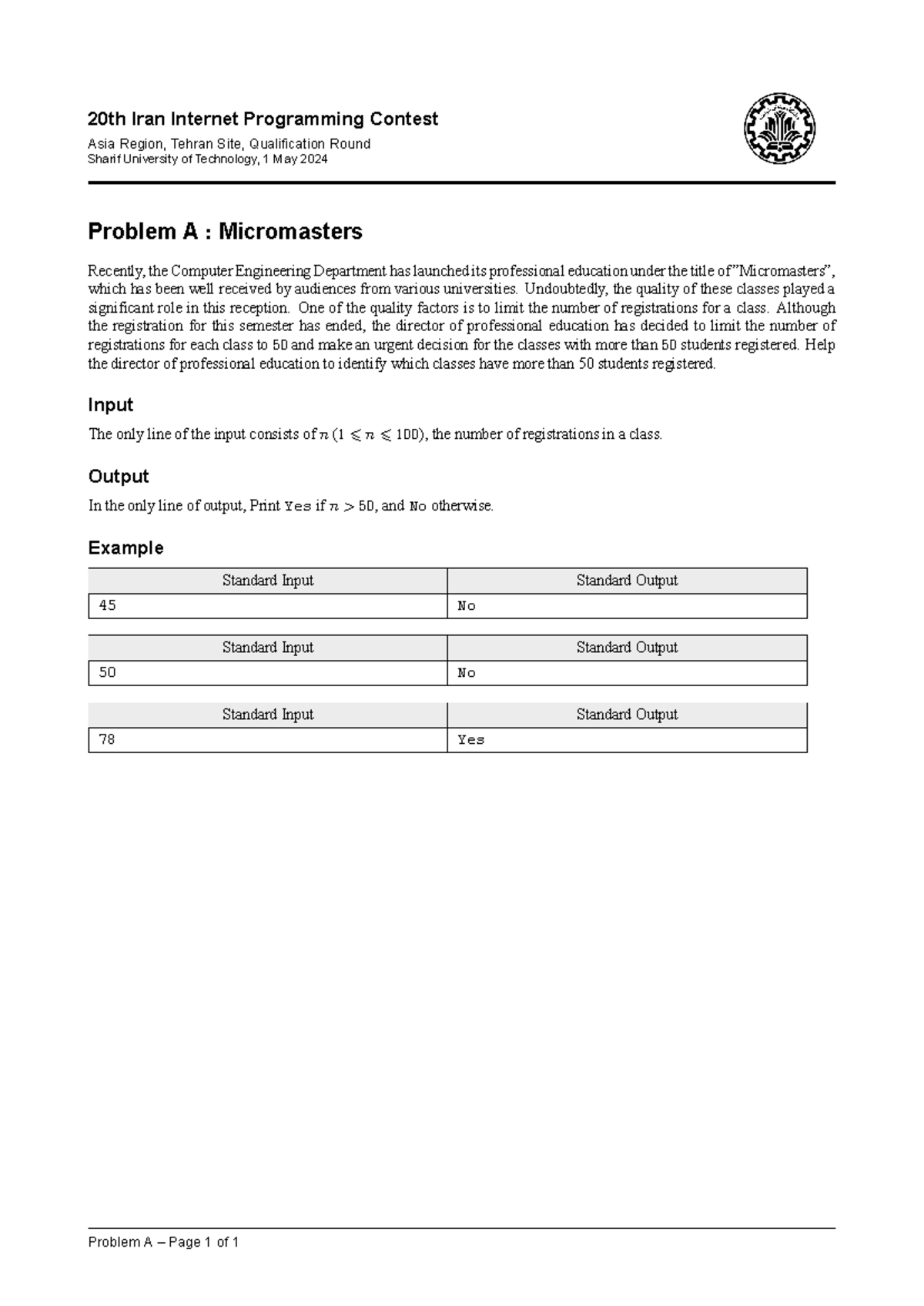 ICPC Qualification Round Problems - Sharif University 2024 - Studocu