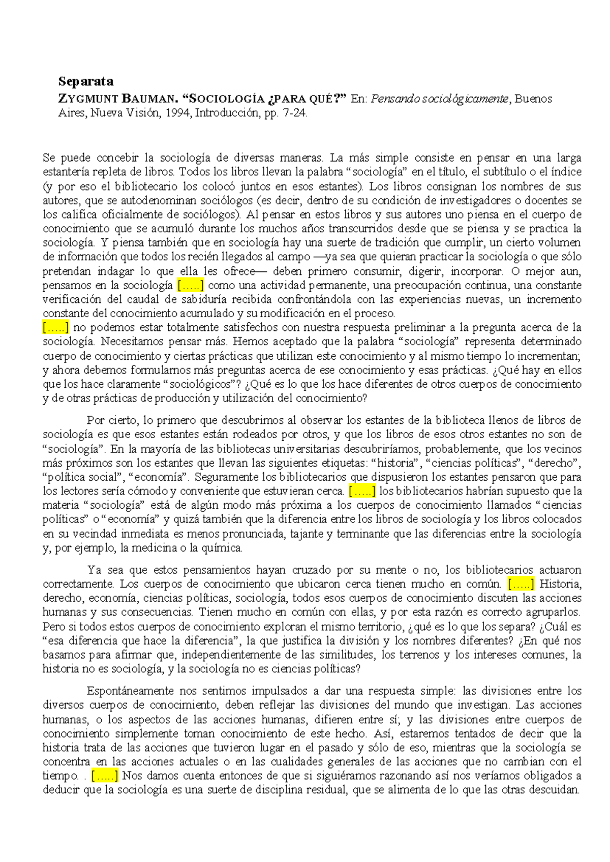 Separata Bauman- Pensando sociologicamente Guia de Lectura - Separata ...