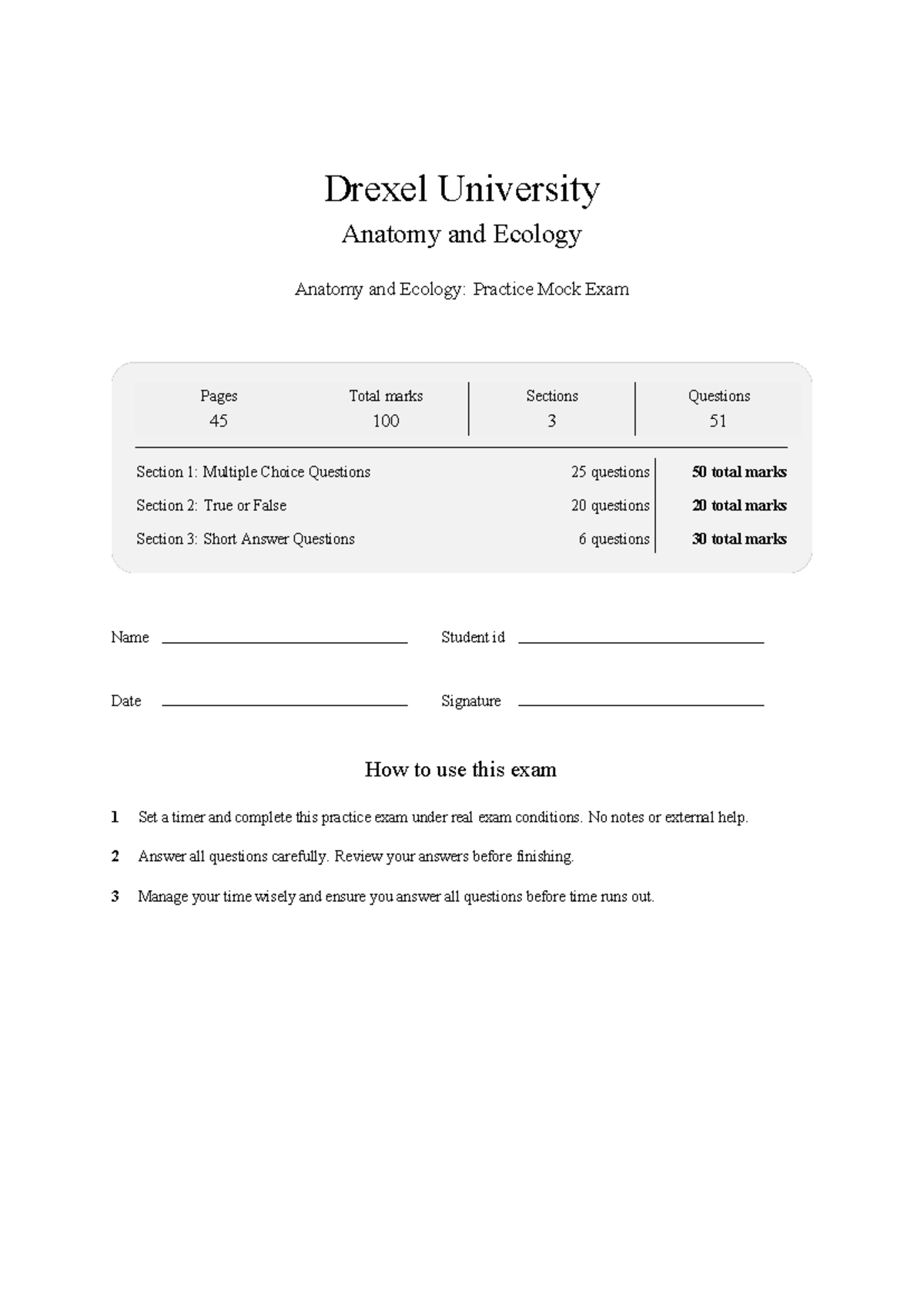 Bio 136H Anatomy and Ecology: Practice Mock Exam 2026 - Studocu