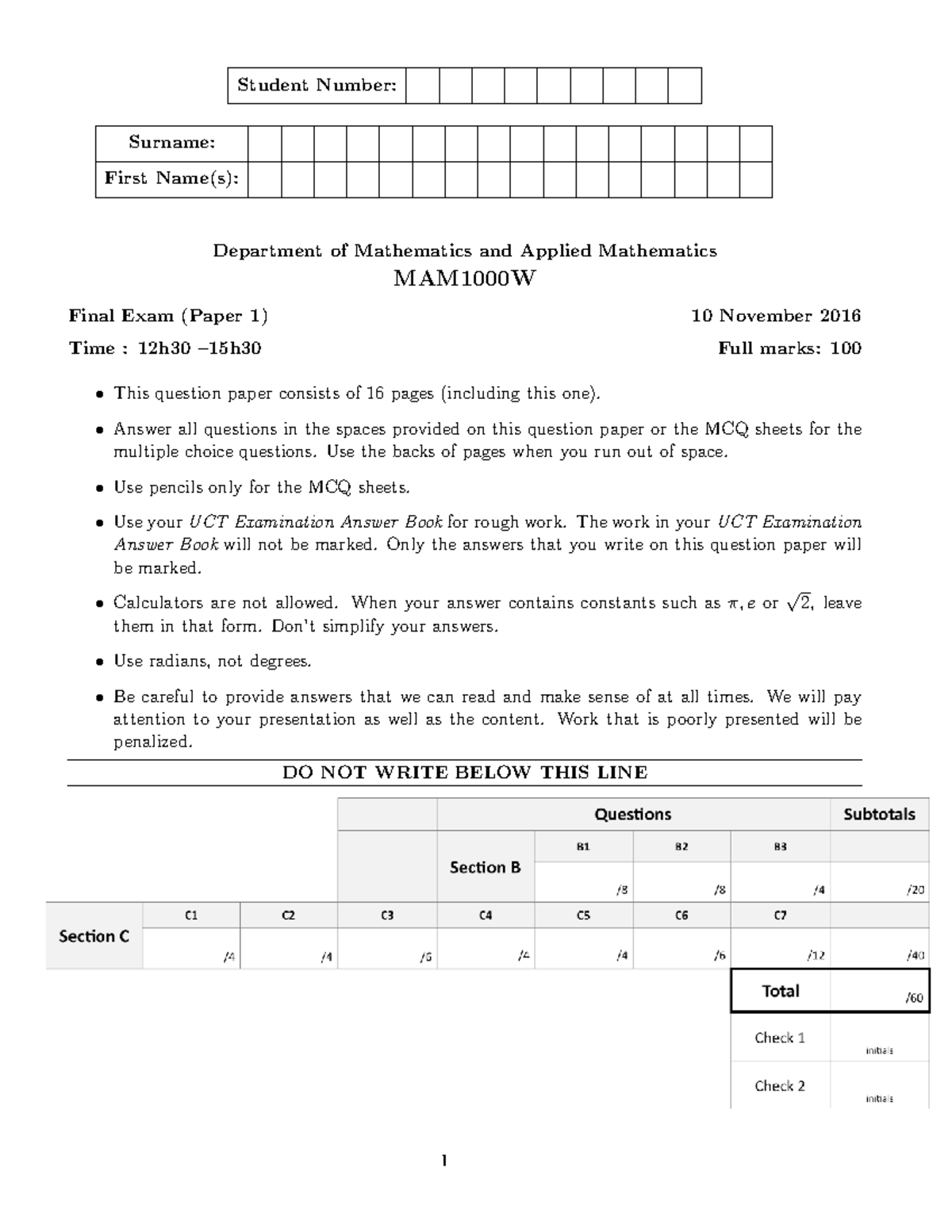 Mathematics and Applied Mathematics Final Exam (Paper 1) Solutions 2016 ...