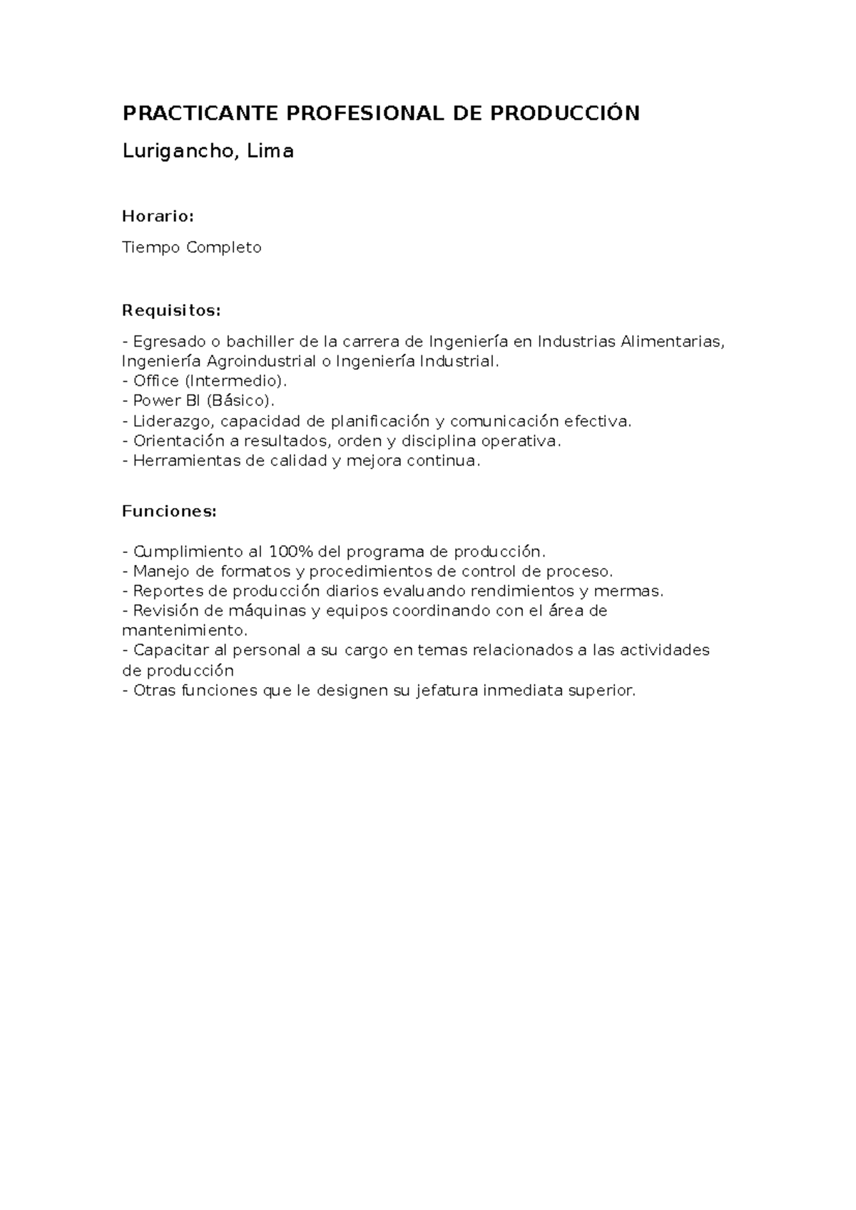 Perfil de Practicante Profesional de Producción - Lurigancho - Studocu