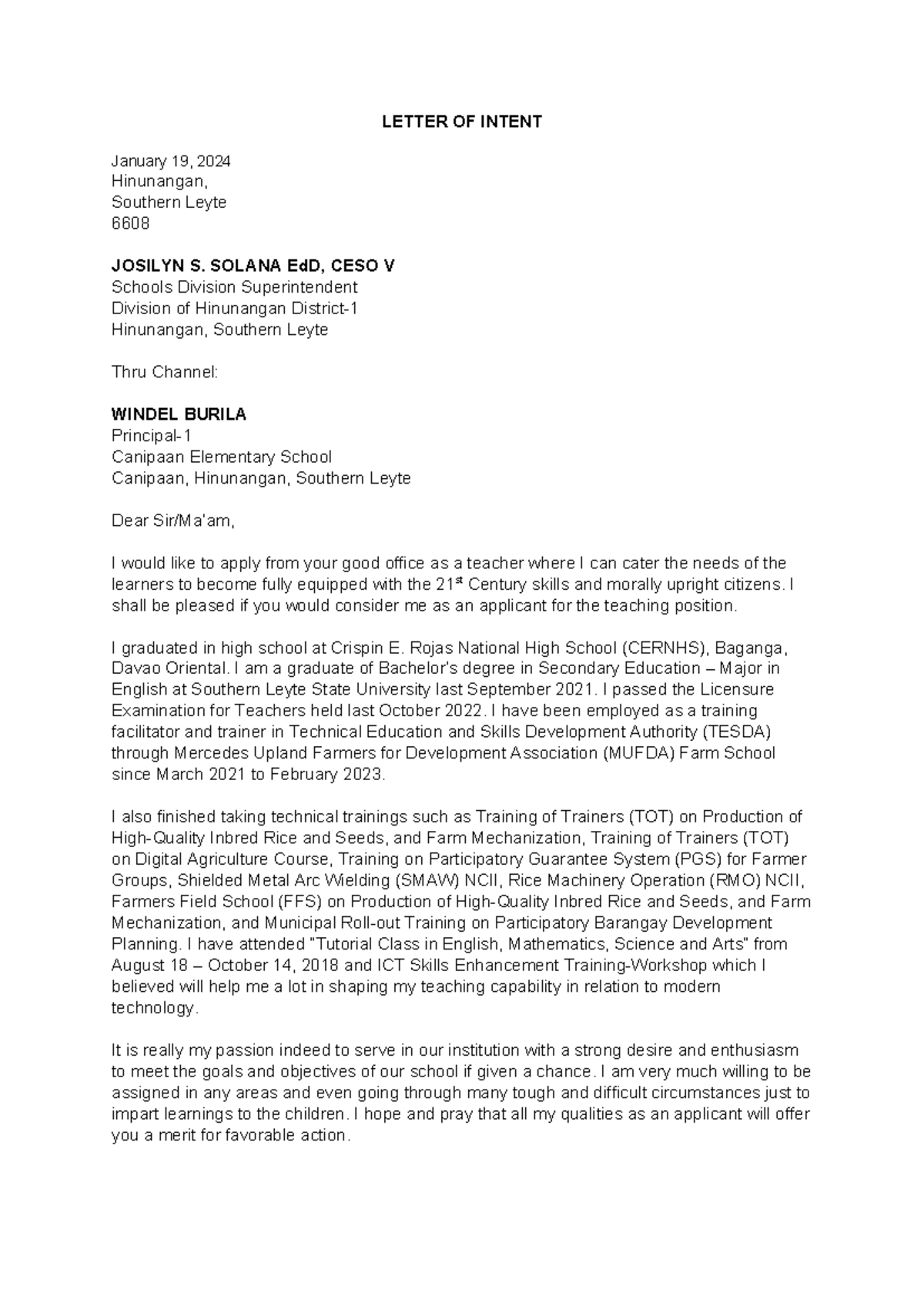 Application Letter (ELEM) - LETTER OF INTENT January 19, 2024 ...