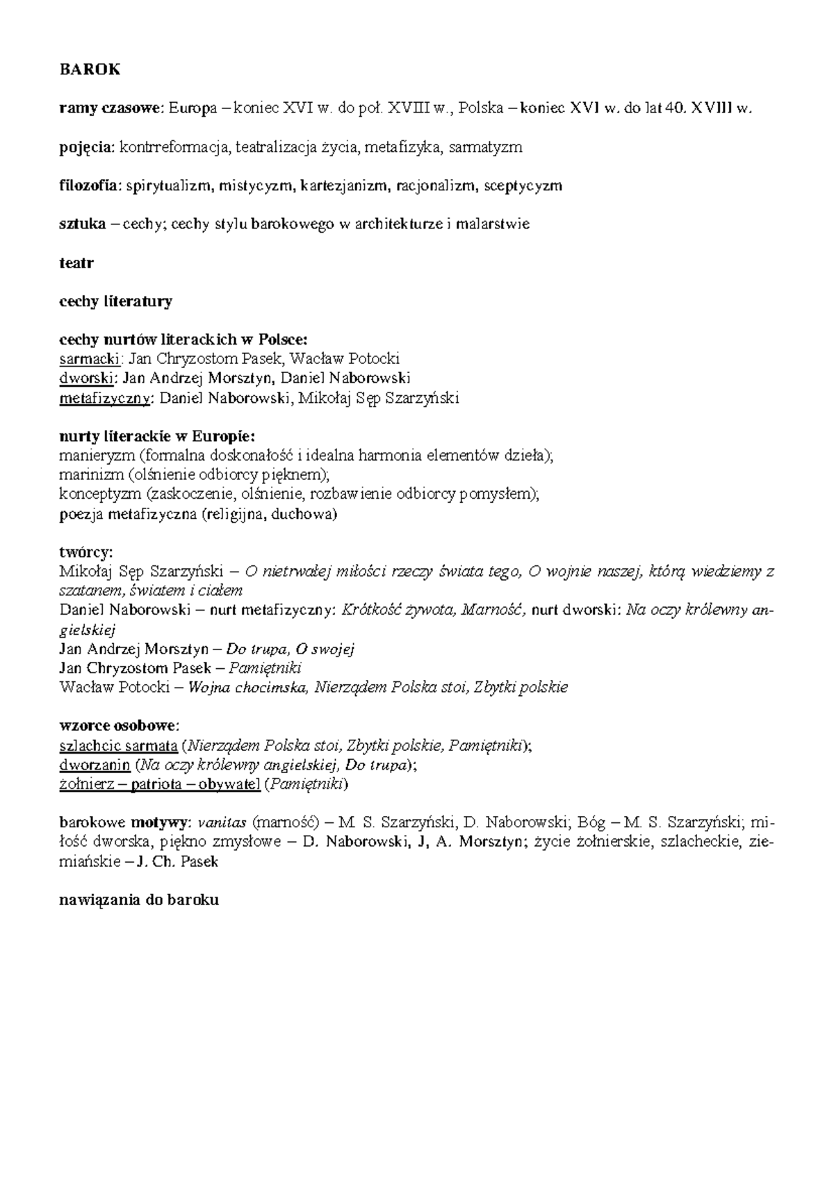 barok zagadnienia - barok - BAROK ramy czasowe : Europa – koniec XVI w. do poł. XVIII w., Polska ...