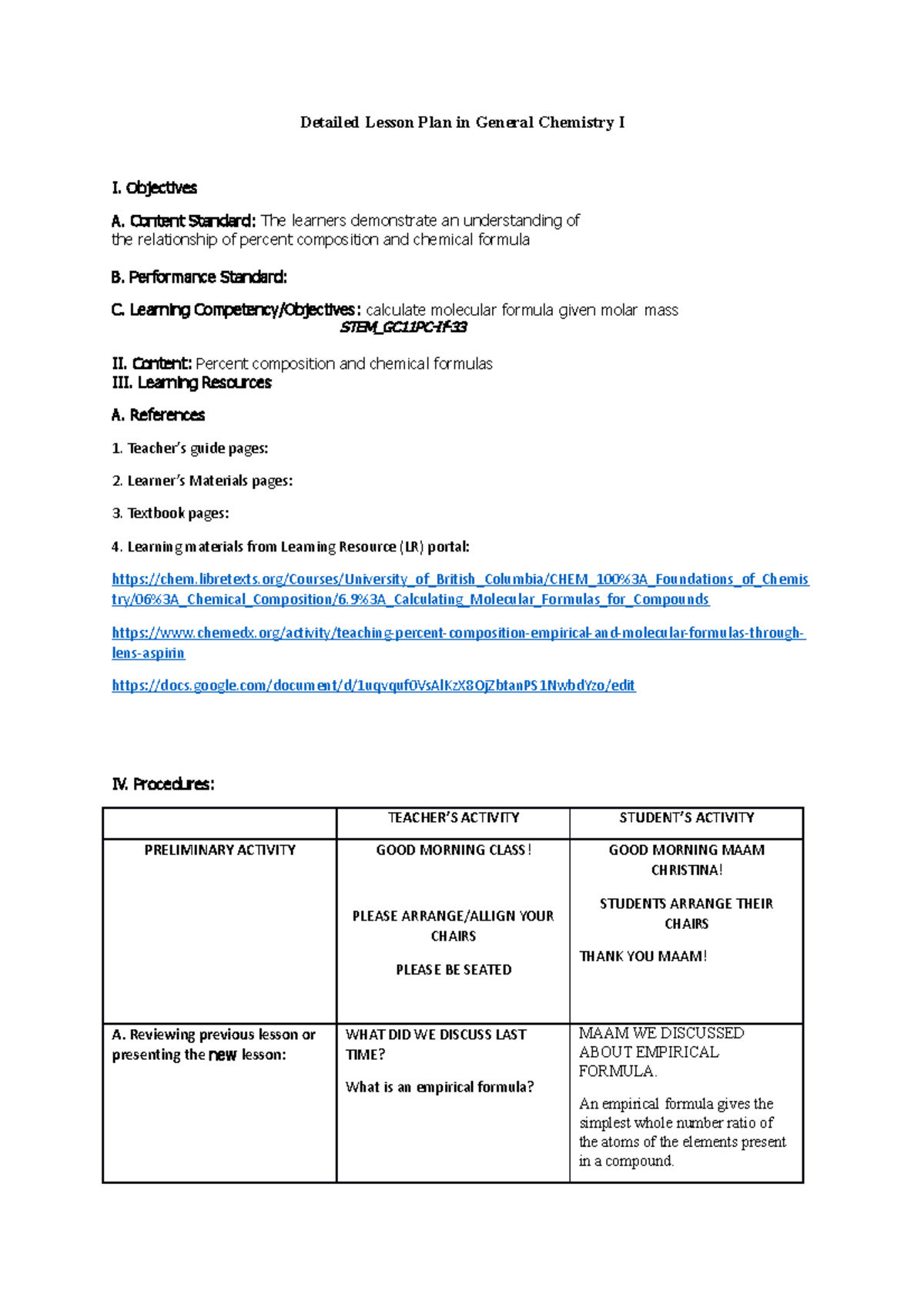 COT Genchem Lesson Plan: Calculating Molecular Formulas - Studocu