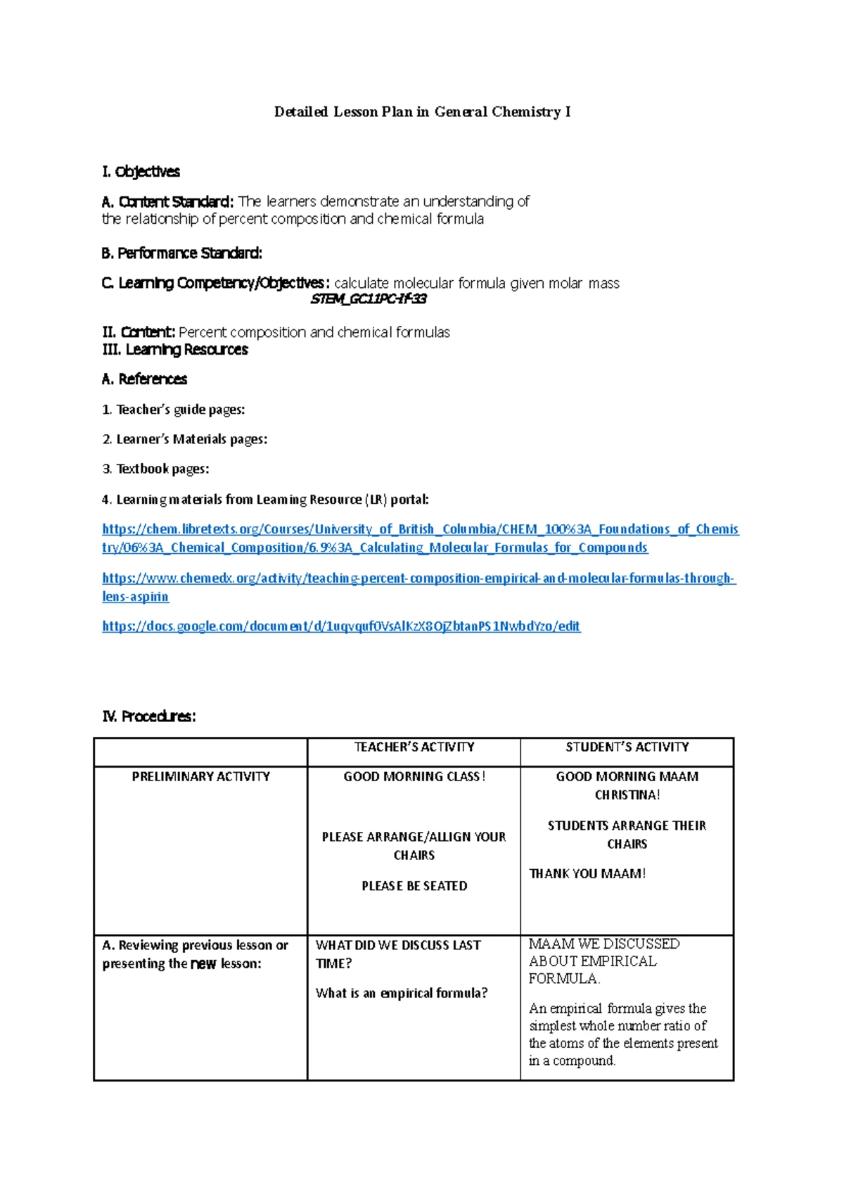 COT Genchem Molecular Formula - Detailed Lesson Plan in General ...
