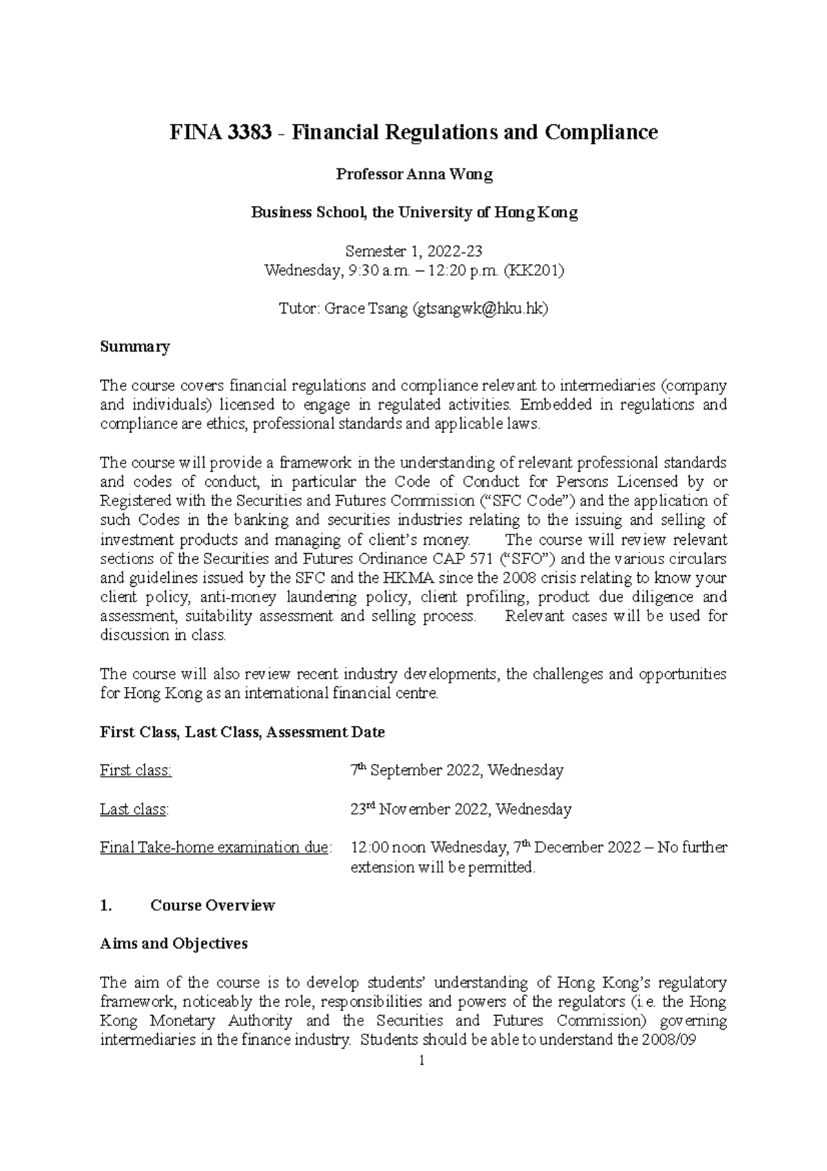 FINA 3383 Course Outline: Financial Regulations & Compliance Overview ...