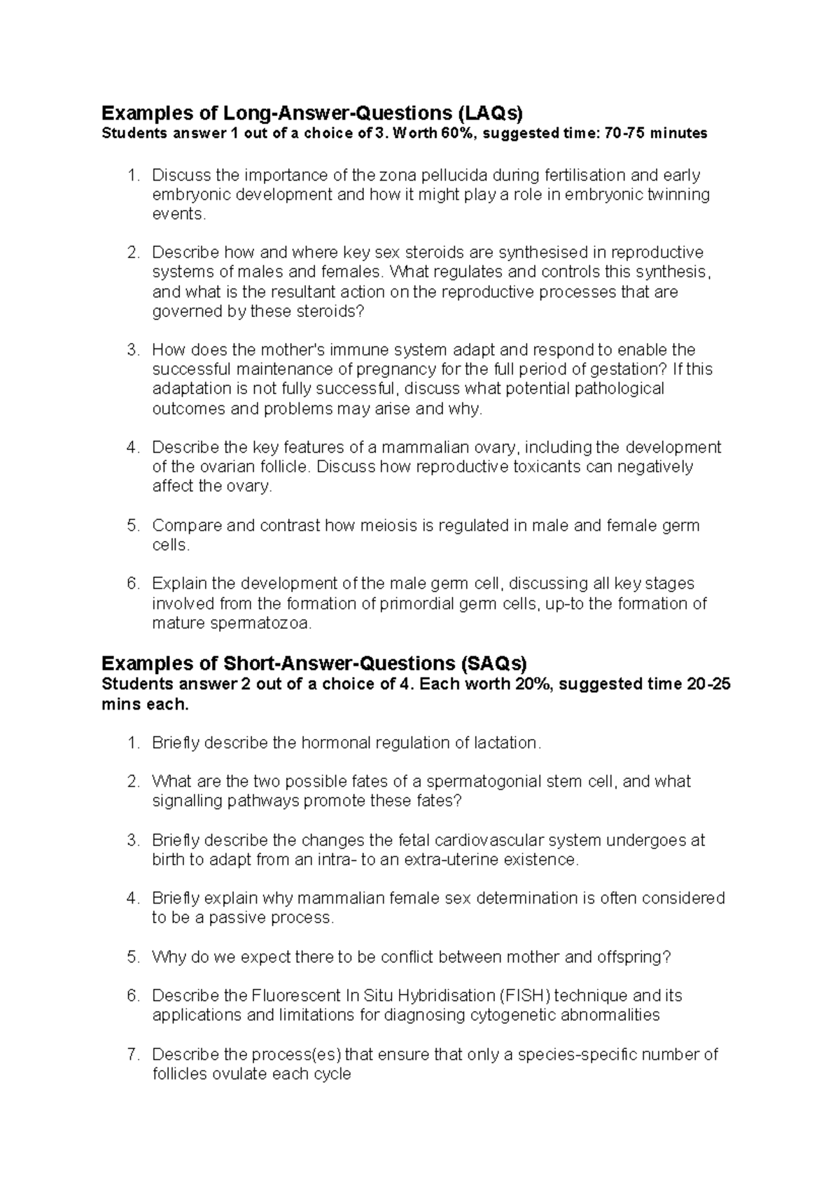 Examples of Long and Short Answer Questions in Reproductive Biology ...