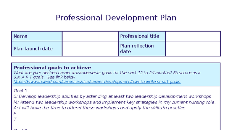 Professional Development Plan: S.M.A.R.T Goals for Nursing - Studocu
