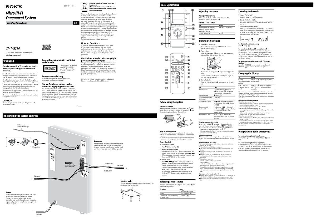 SONY CMT-GS10 Operating Instructions & Disposal Guidelines - Studocu