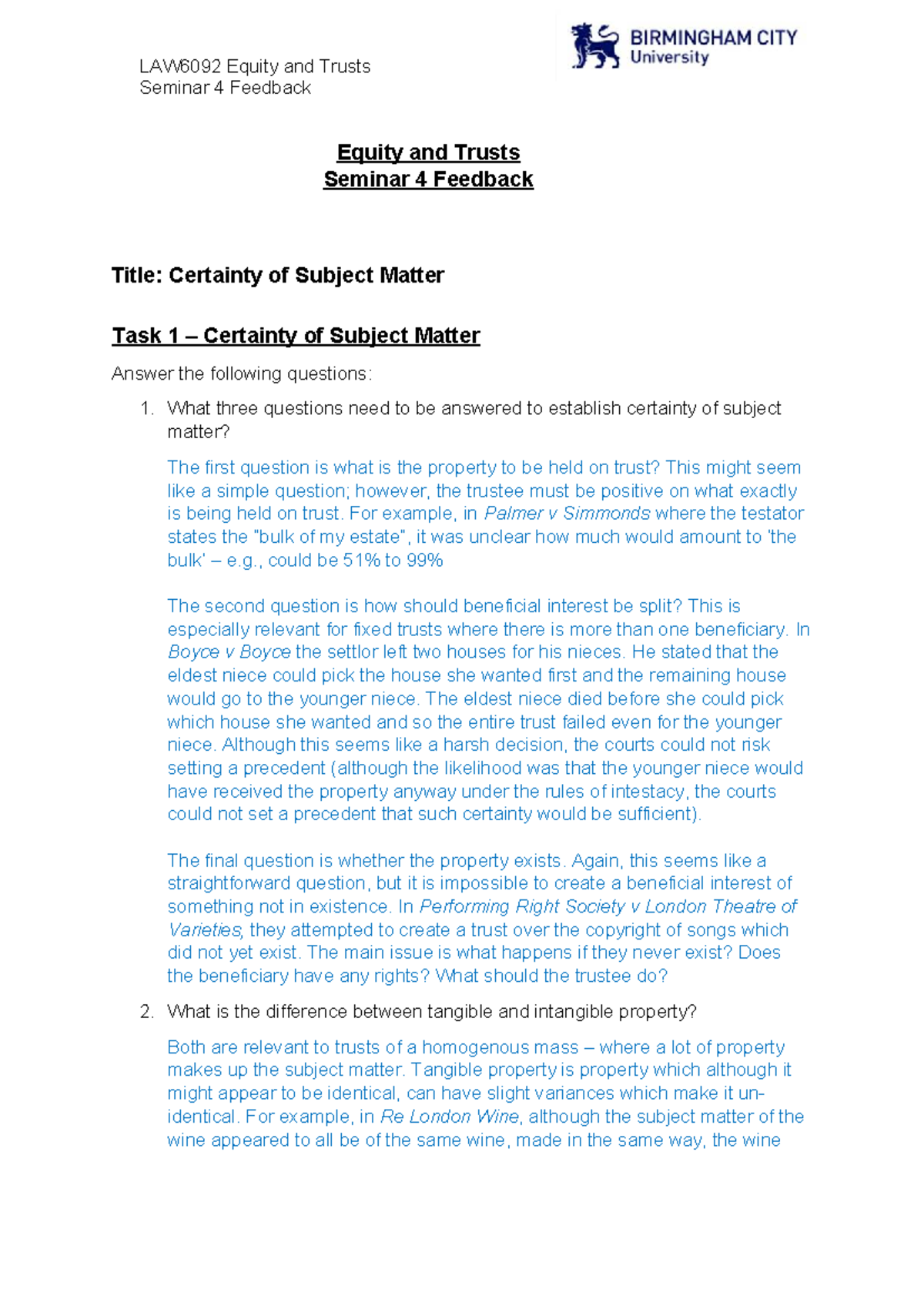 LAW6092 Equity and Trusts Seminar 4: Certainty of Subject Matter ...