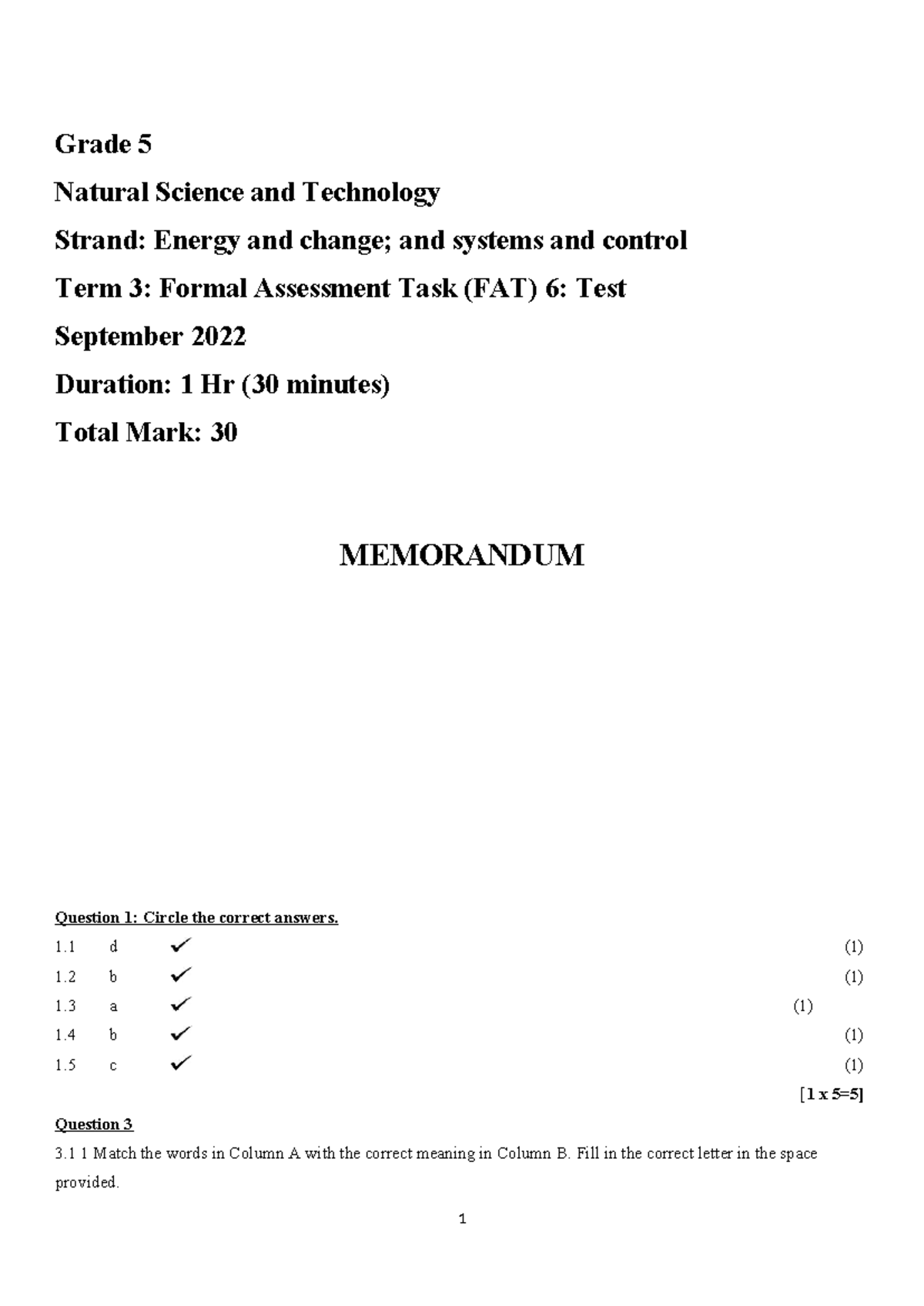 NST Grade 5 Natural Science & Tech T3 Formal Assessment Memo - Studocu