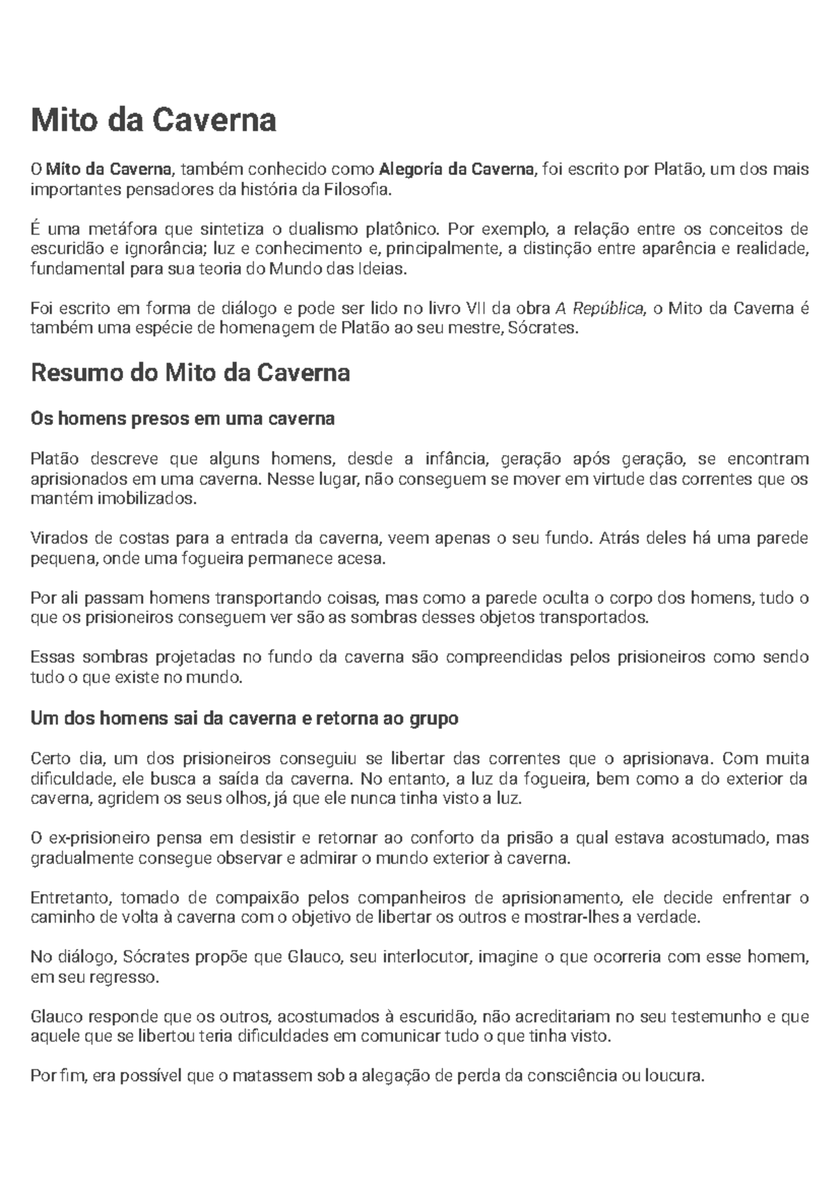 Mito da Caverna: Superando Ilusões e Buscando a Verdade - Studocu