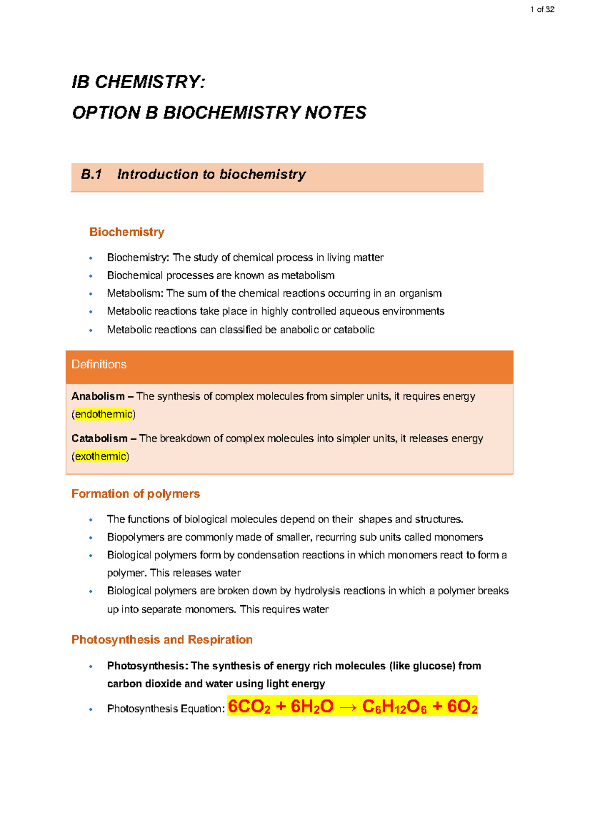 IB Biochemistry Notes: An Overview of Metabolism and Structures - Studocu