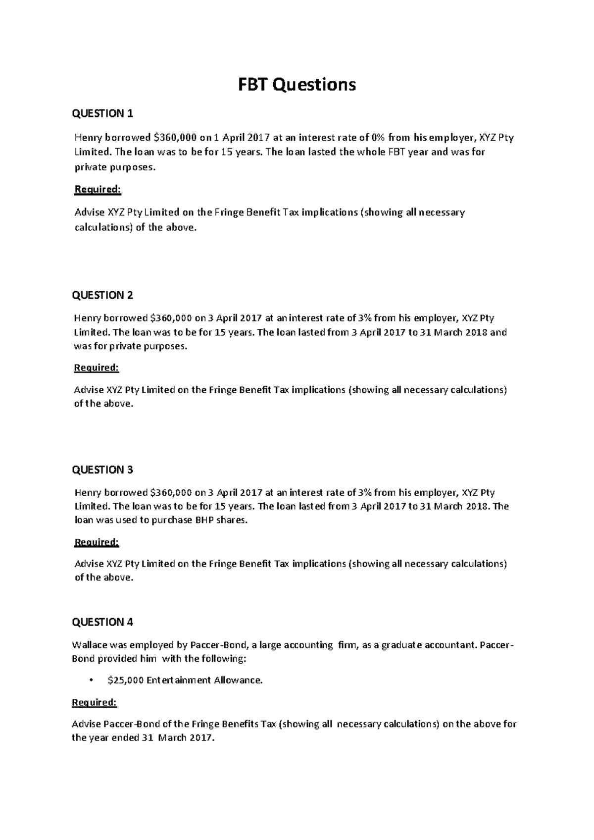 FBT-1 Tutorial 4 Questions on Fringe Benefit Tax Implications - Studocu