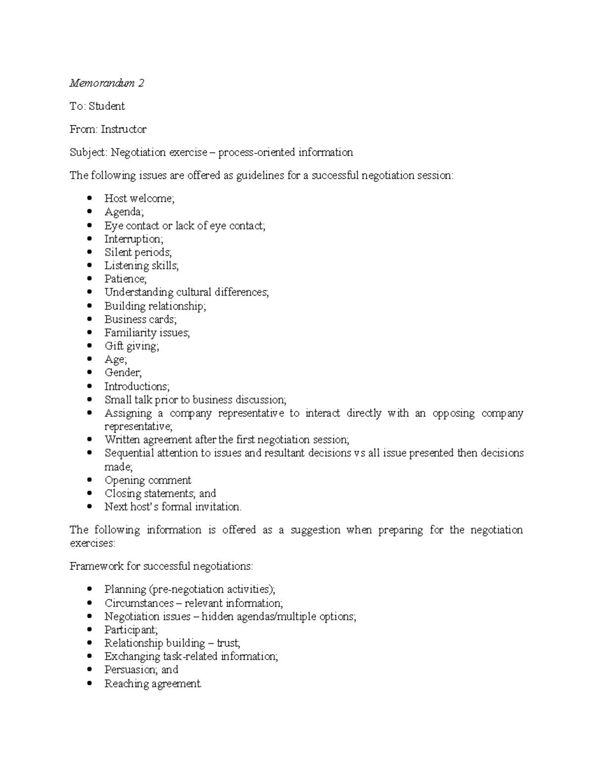 Negotiation Exercise Guidelines - Memorandum 2 - Studocu