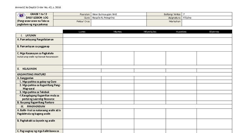 GRADE 1-12 DLL: DepEd Order No. 42 Filipino Lesson Log - Studocu