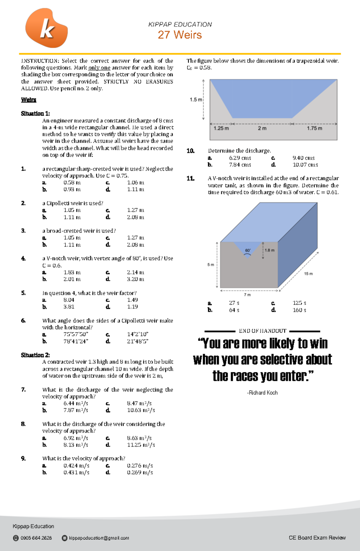 KIPPAP Review Handout: Weir Calculations (0905 664 2628) - Studocu