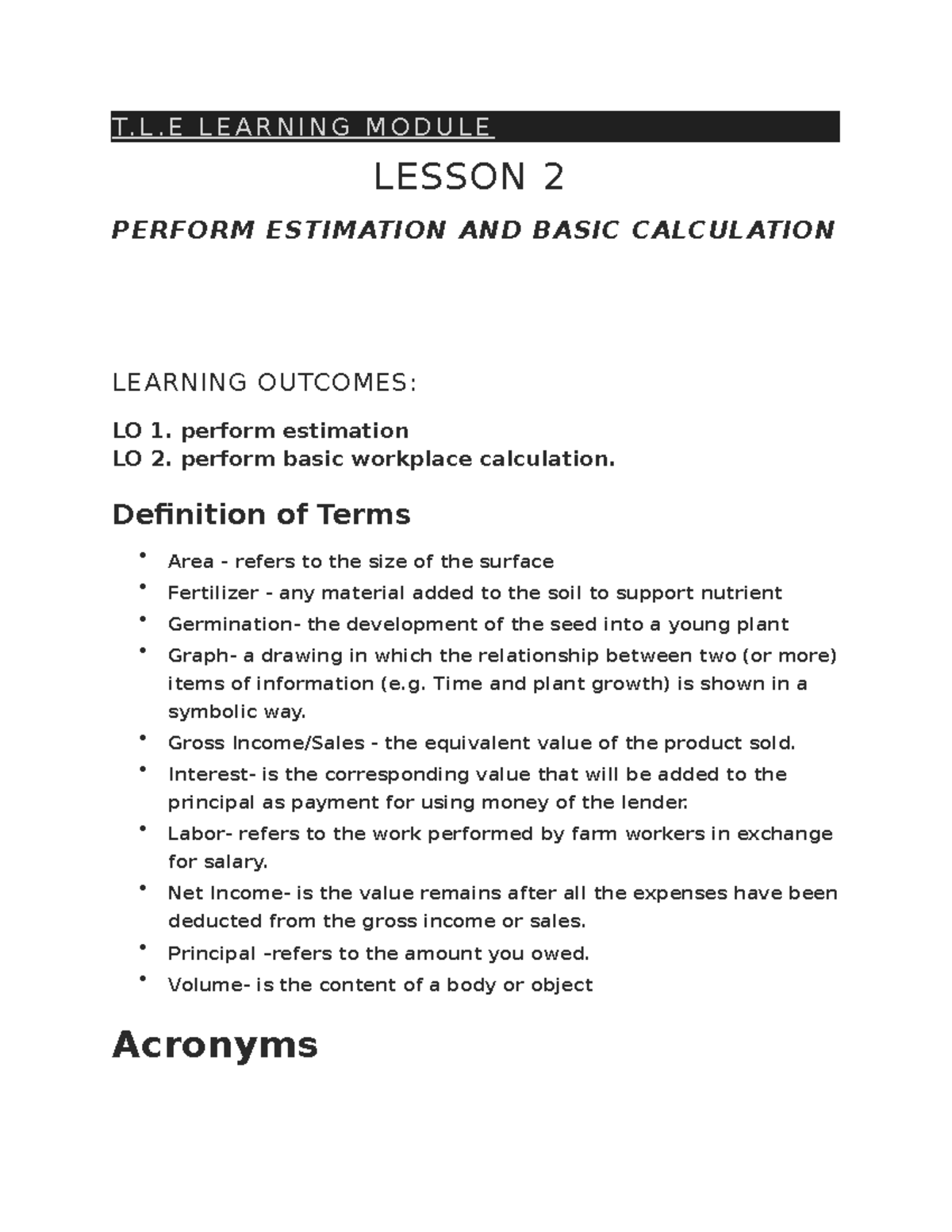 TLE 8 Lesson 2 - T. L. E L E A R N I N G M O D U L E LESSON 2 PERFORM ESTIMATION AND BASIC - Studocu