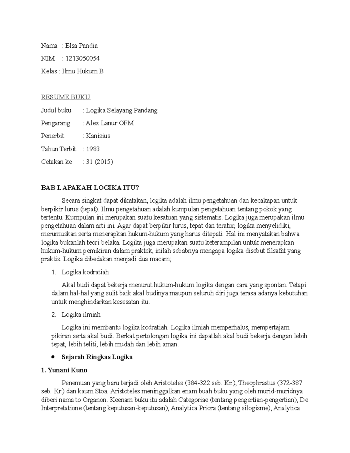 Resume Logika Selayang Pandang (Ilmu Hukum B) - Elsa Pandia - Studocu
